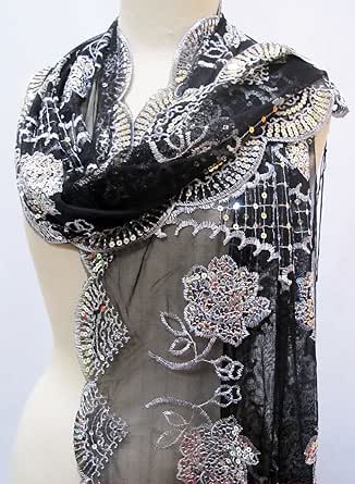 Floral Scallop Sequin Mesh Sheer Scarf Stole Shawl Wrap Black Silver at ...