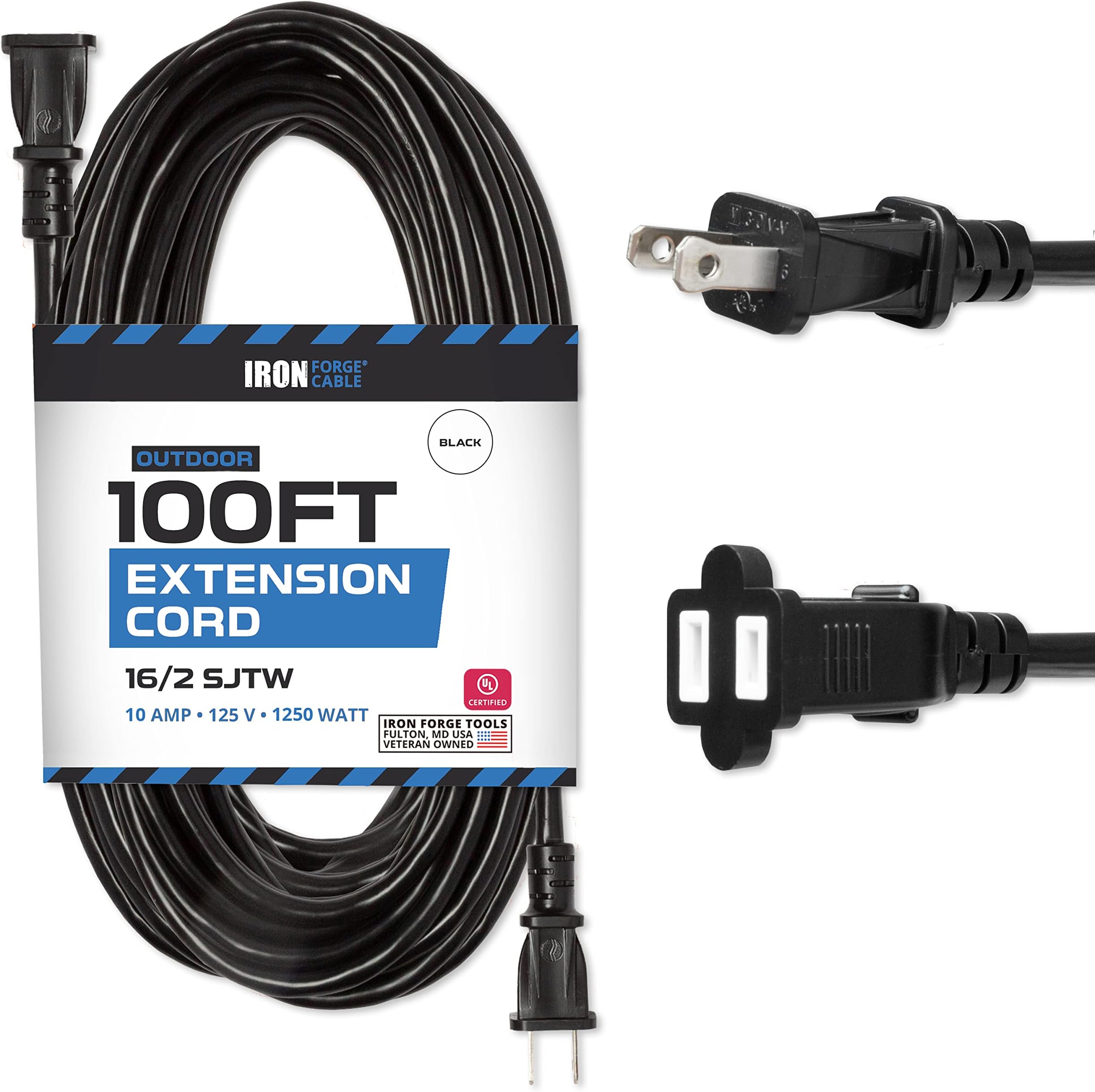 Iron Forge Cable 100 Ft Black Extension Cord, 16/2, 100 Foot Extension ...