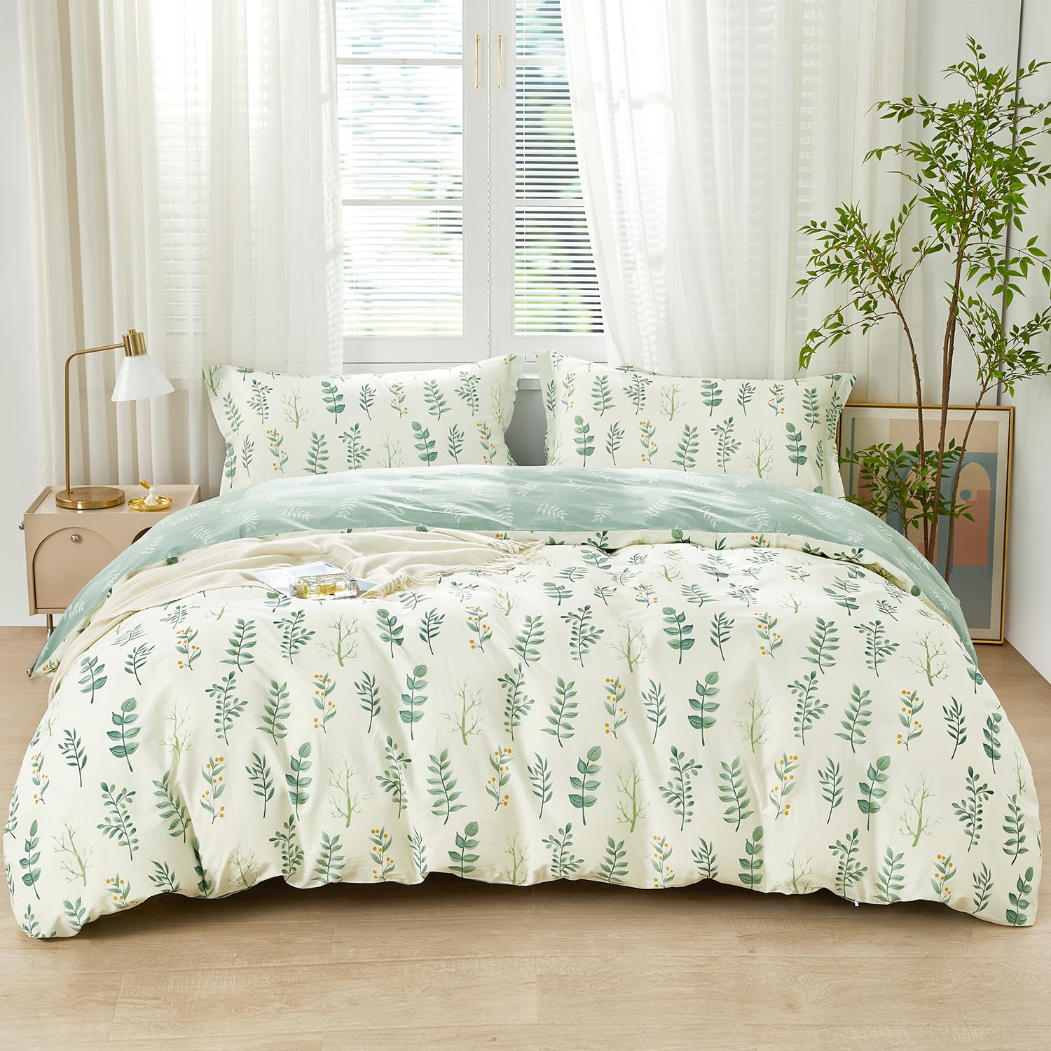 Amazon.com: SAPHREAS Botanical Duvet Cover Set Queen Size 3pcs Beige ...