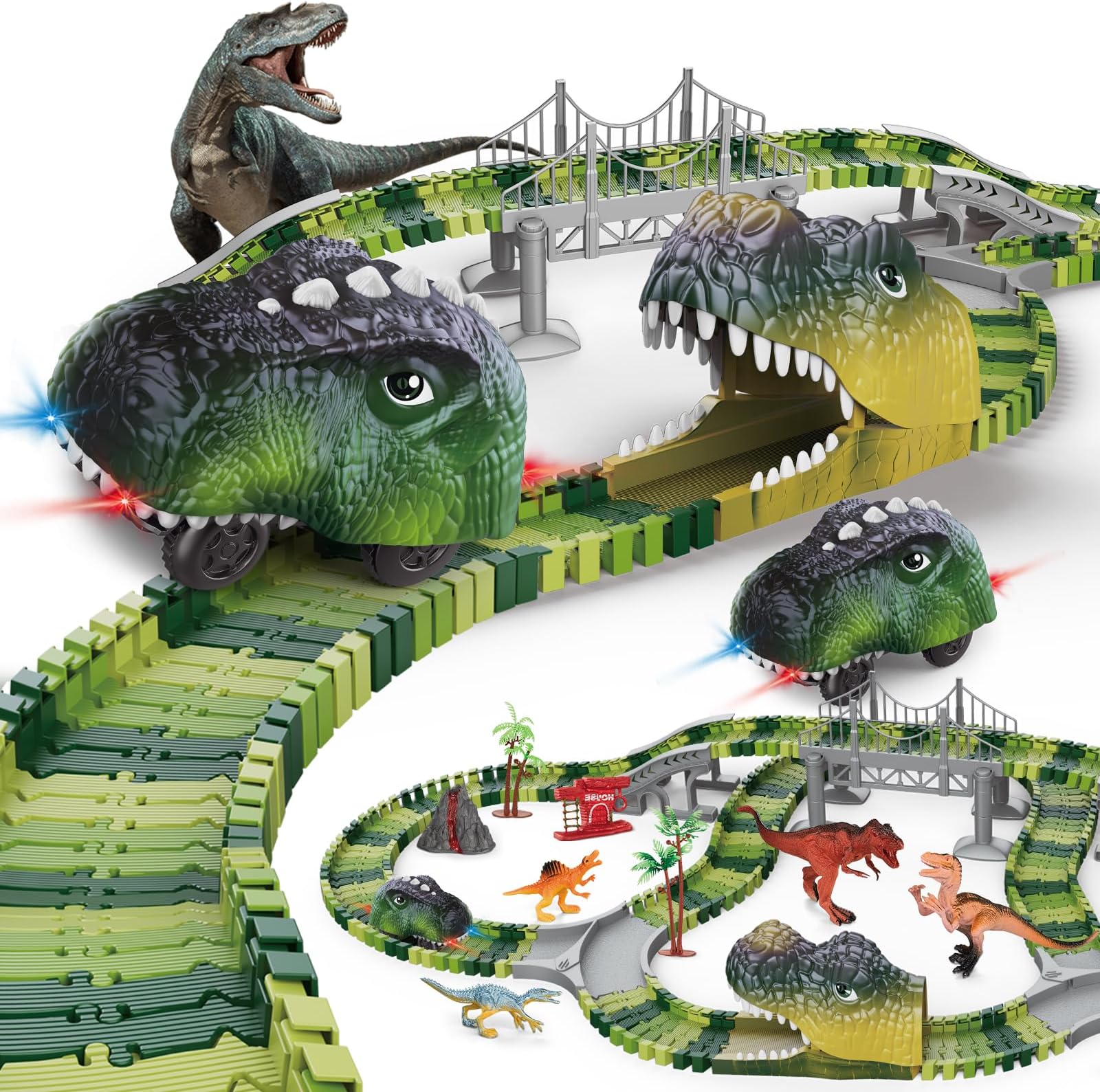 Dinosaur Toys, 279PCS Dinosaur Race Track Train Toy with 4 Dino Cars, 6 ...