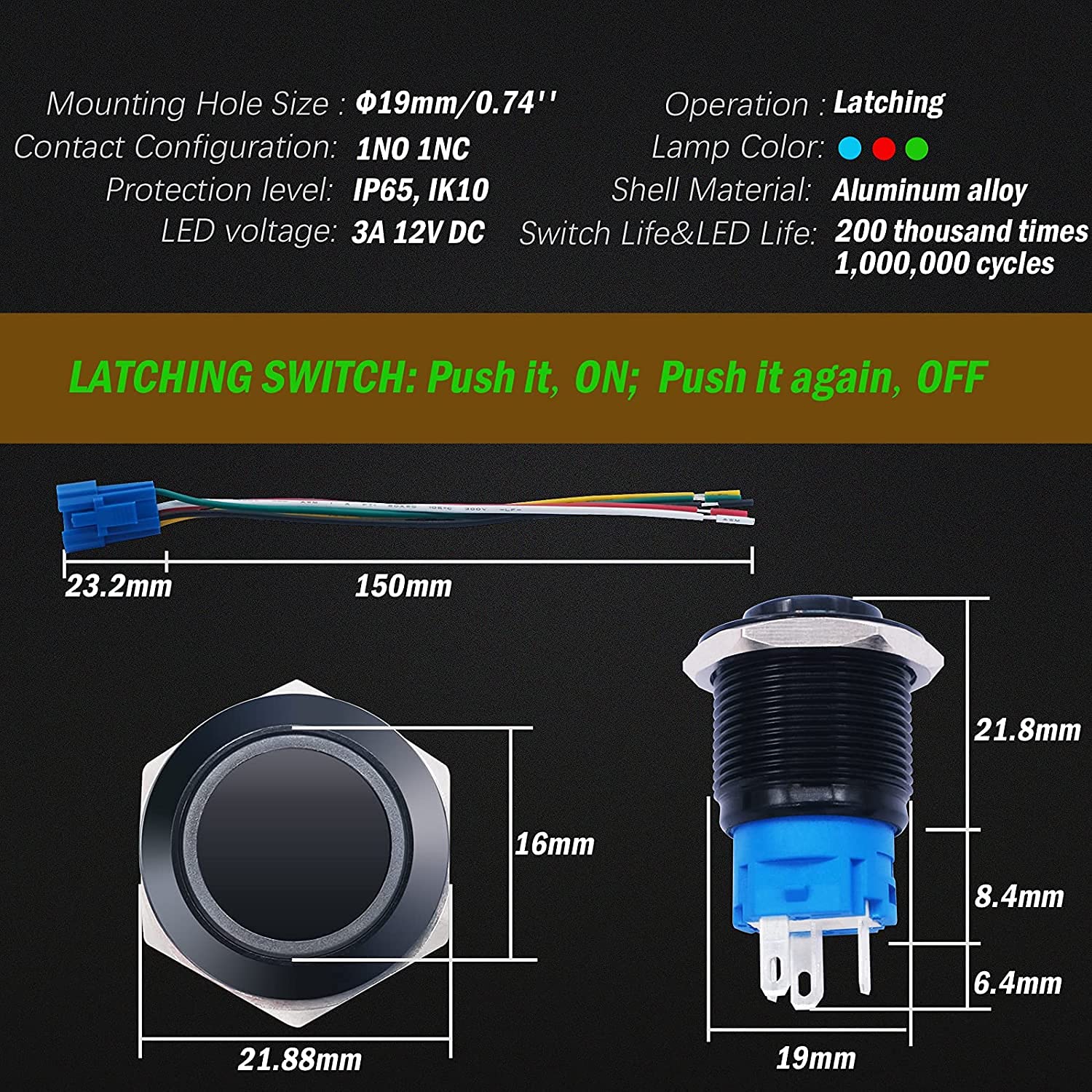 mxuteuk 19mm High Round Cap Latching Push Button Switch 1 NO 1 NC SPDT ...