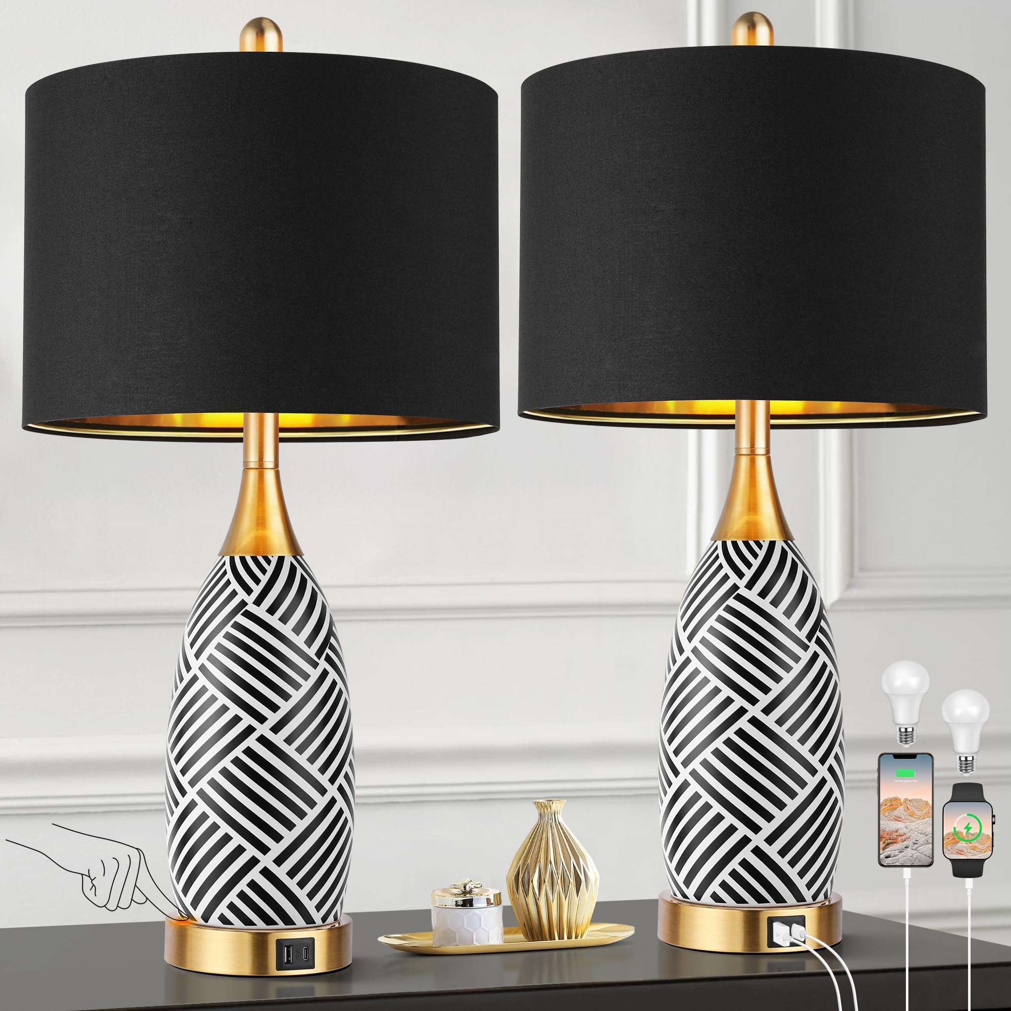 25.5" Touch Control Black and Gold Lamp,3-Way Dimmable Modern Ceramic ...