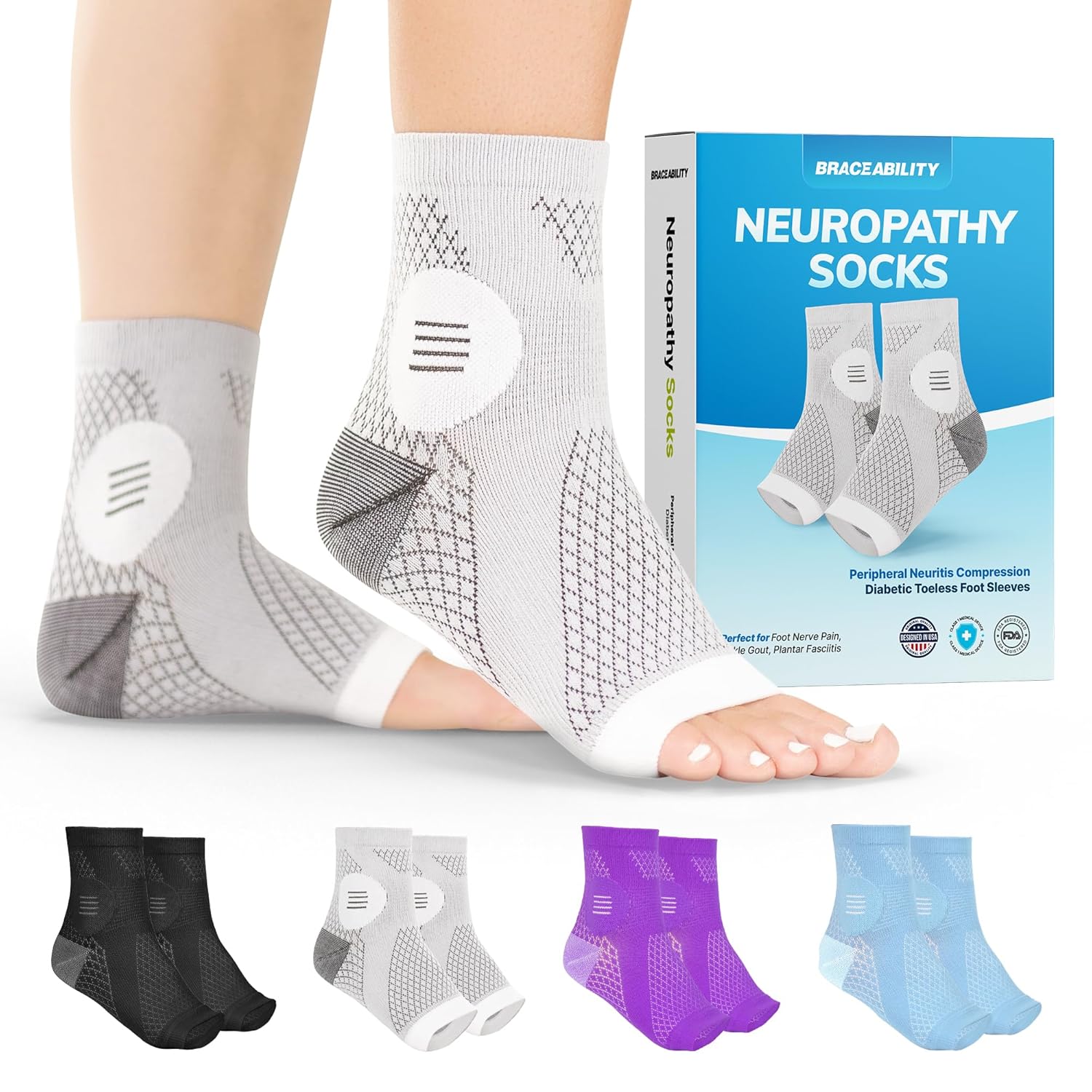 BraceAbility Neuropathy Socks for Women and Men - Toeless Compression ...