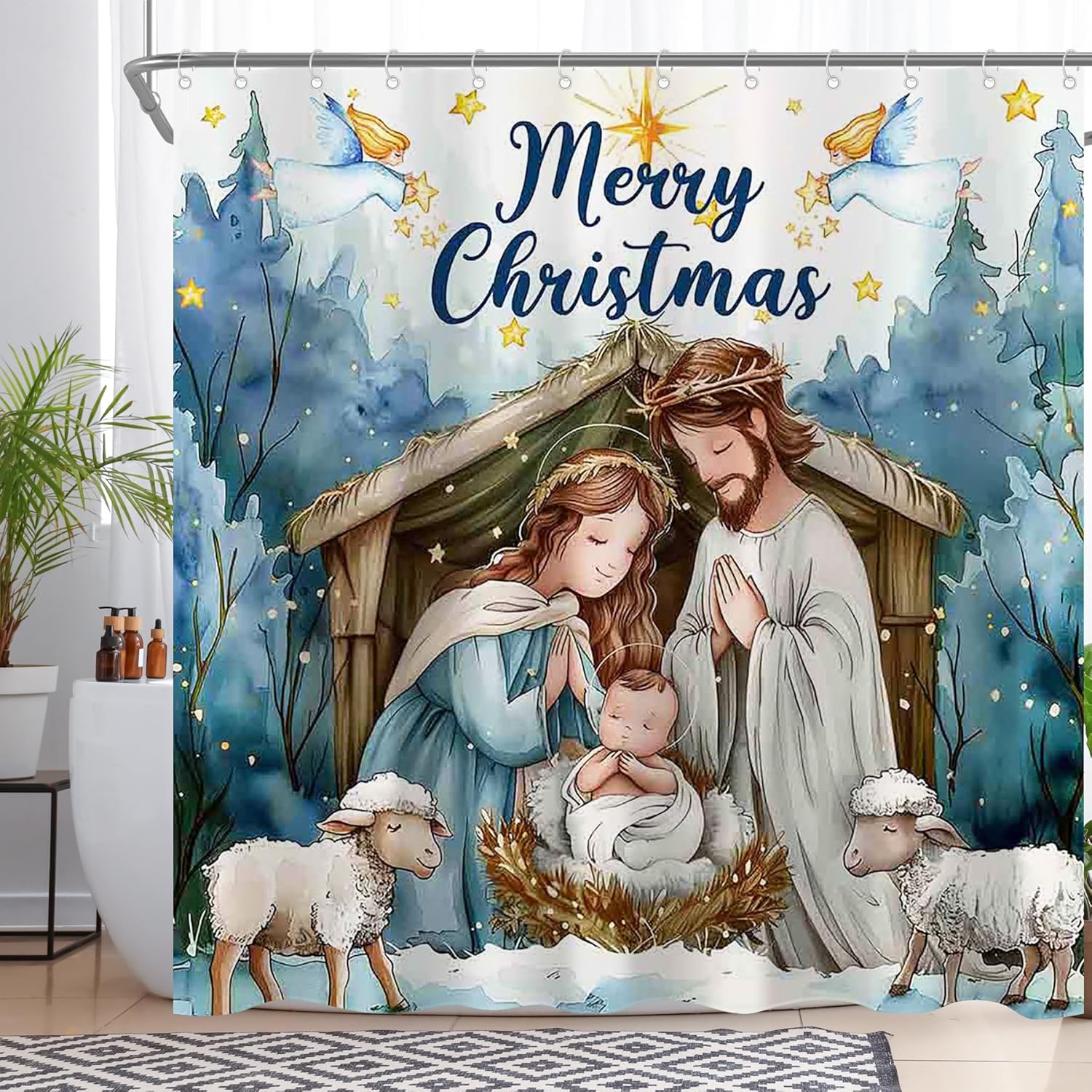 Amazon.com: ZTHMOE Birth of Jesus Nativity Shower Curtain for Bathroom ...