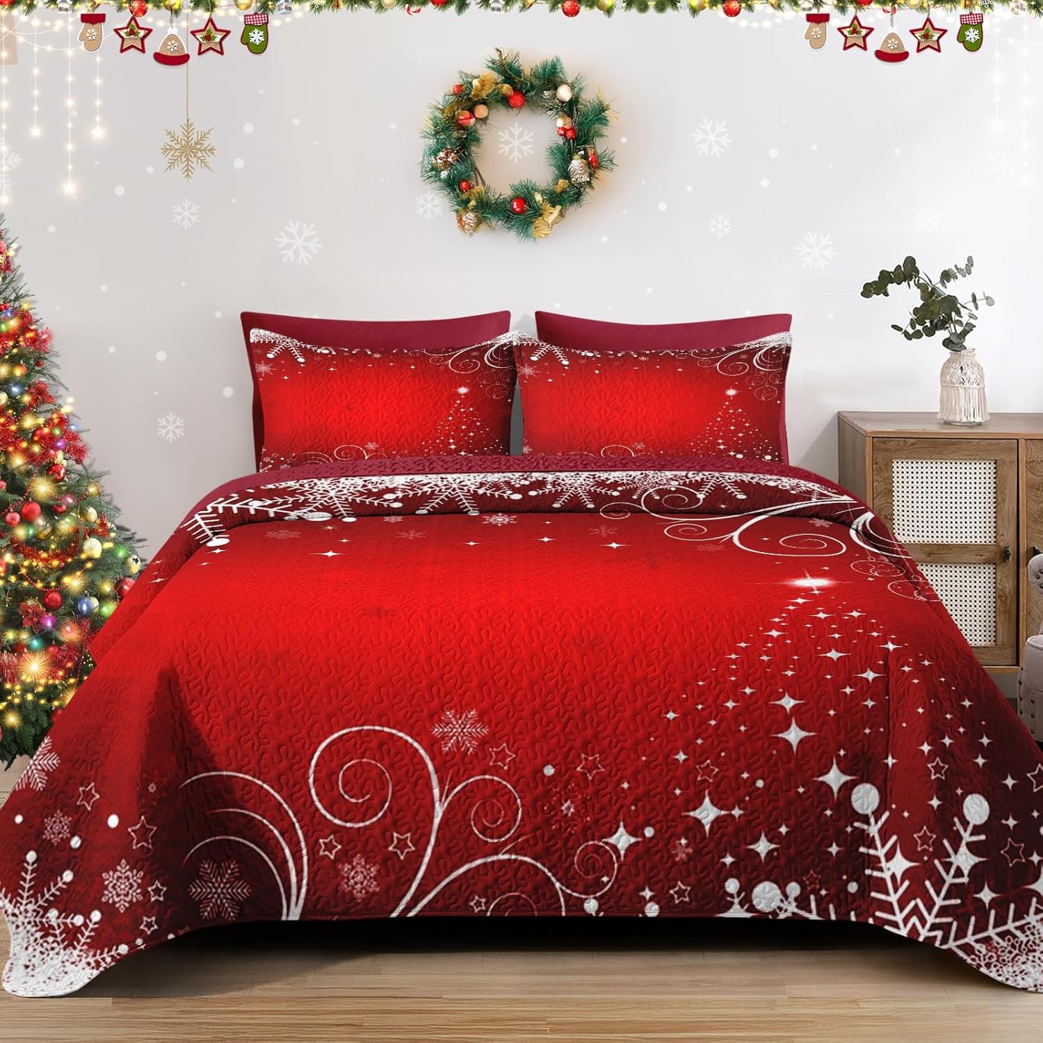Amazon.com: WeCozy Christmas Full/Queen Size Quilt Set, Red Glitter ...