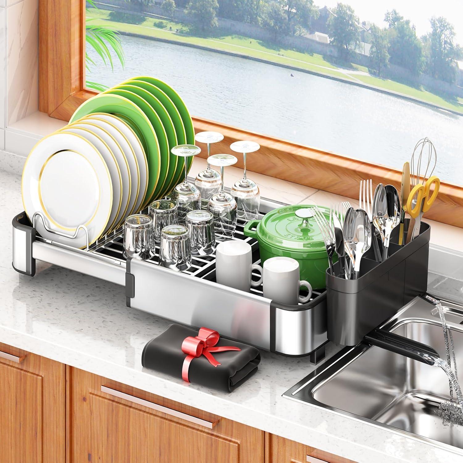 Dish Drying Rack, Kitchen Counter Dish Drainer Rack Auto-Drain ...