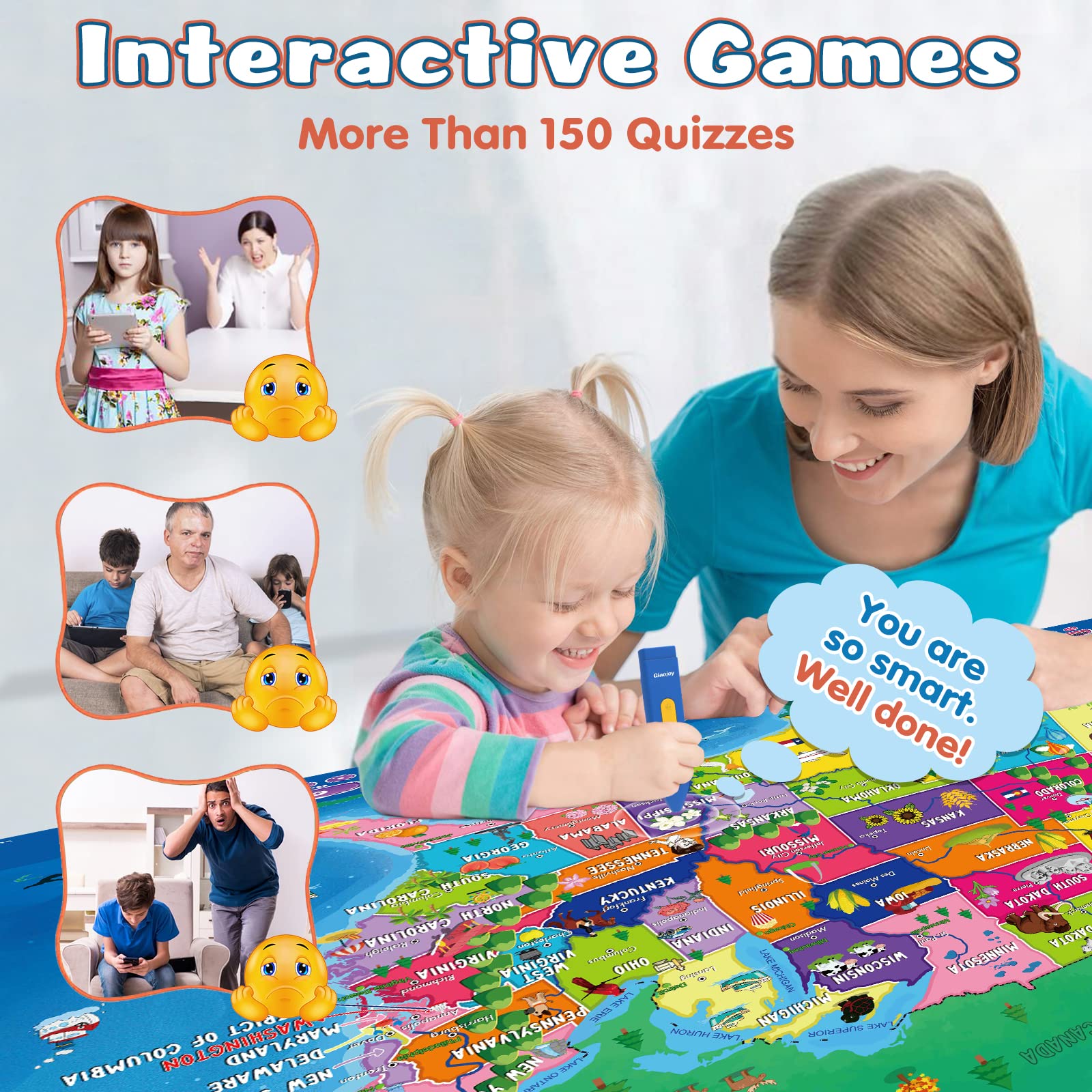 Qiaojoy Interactive Kids Map Bilingual United States Map for Kids ...