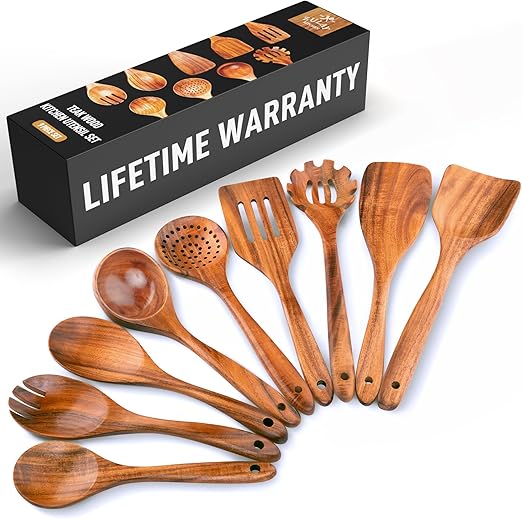 Amazon.com: Zulay Kitchen 9-Piece Teak Wooden Utensils for Cooking ...