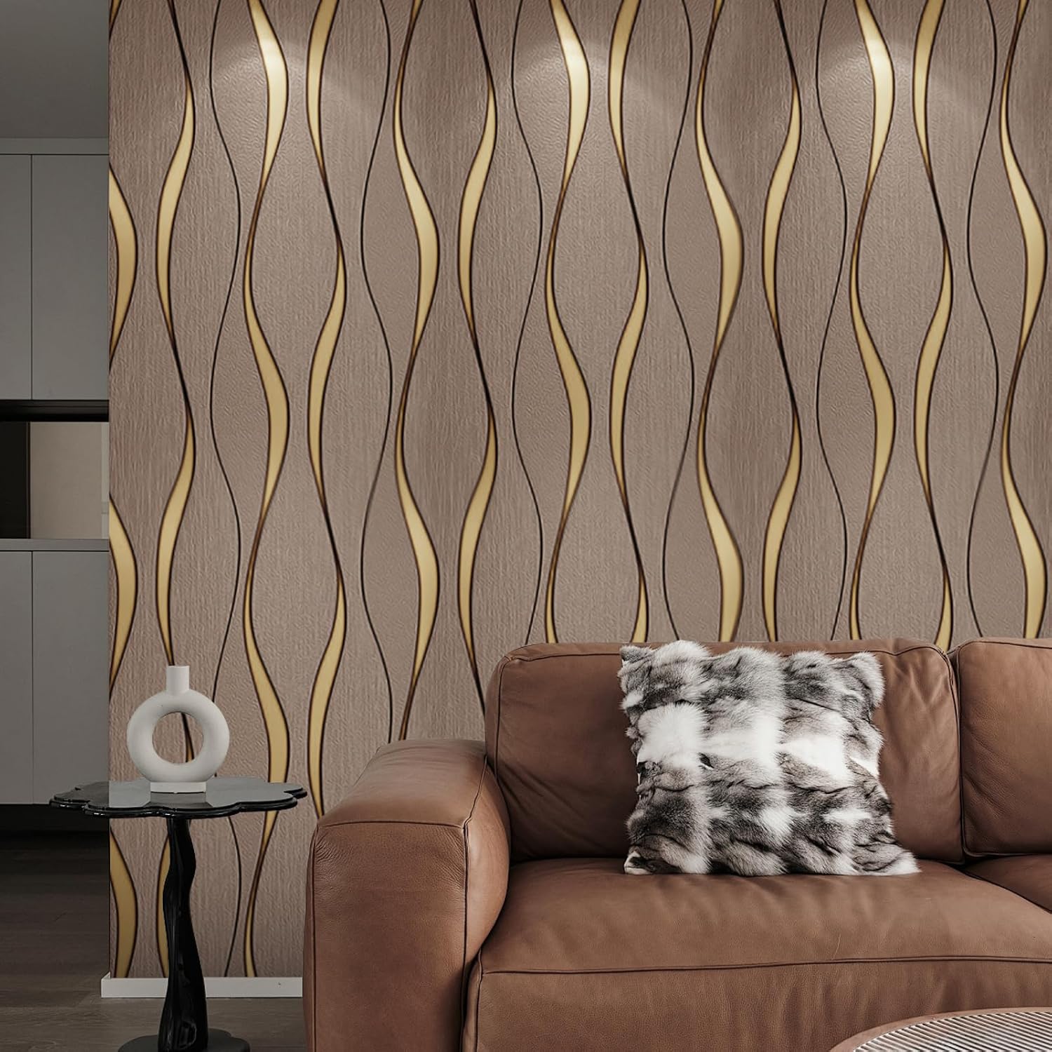 Snewvie Brown Wallpaper Wave Stripes Glitter Wallpaper 3D Effect ...