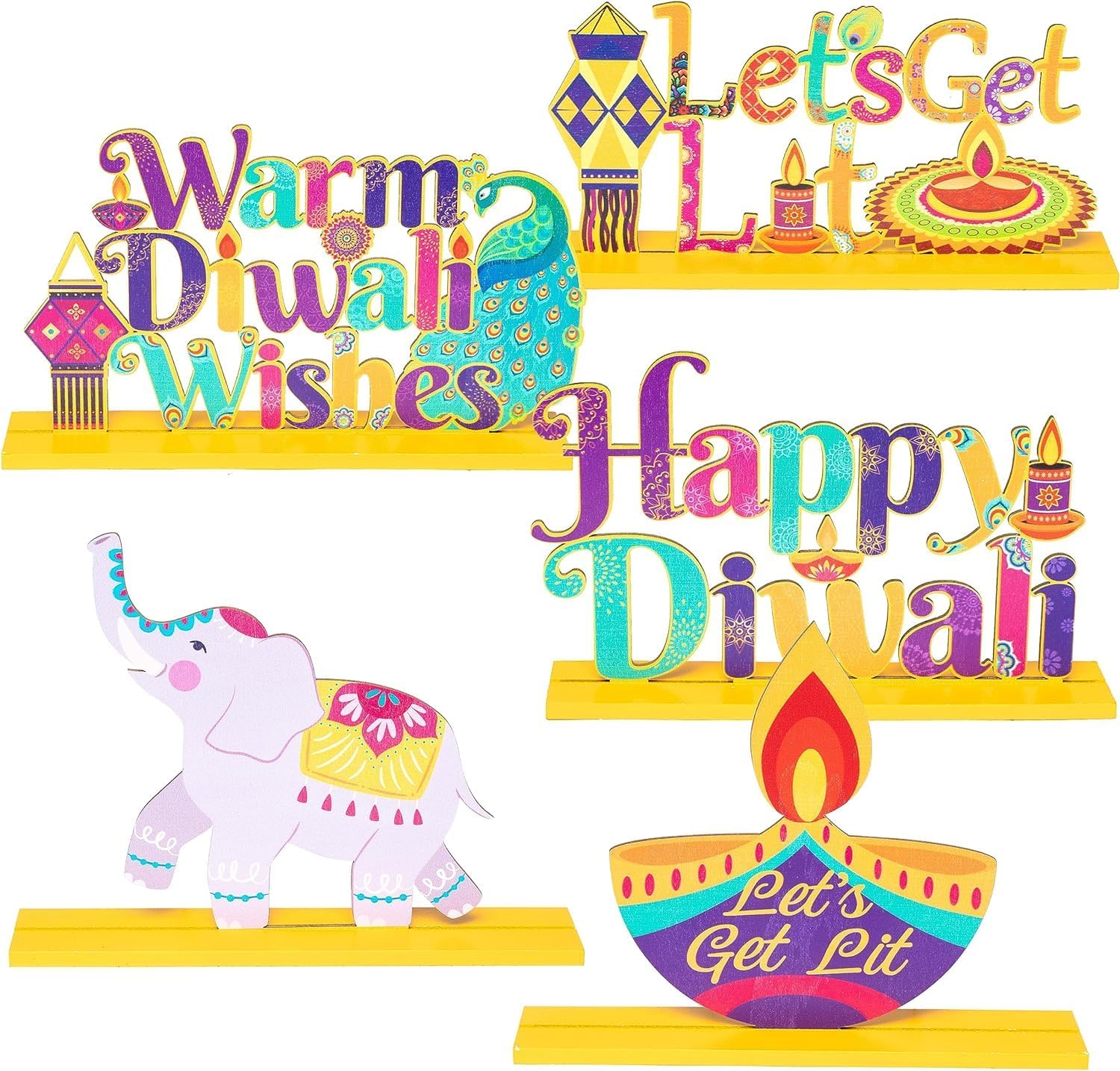 PANTIDE 5pcs Diwali Wooden Table Topper Centerpiece Decoration Sign ...