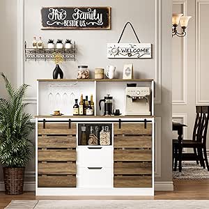 Amazon.com - HOSTACK Farmhouse Coffee Bar Cabinet, 47" Sideboard Buffet with Storage, Barn Doors ...