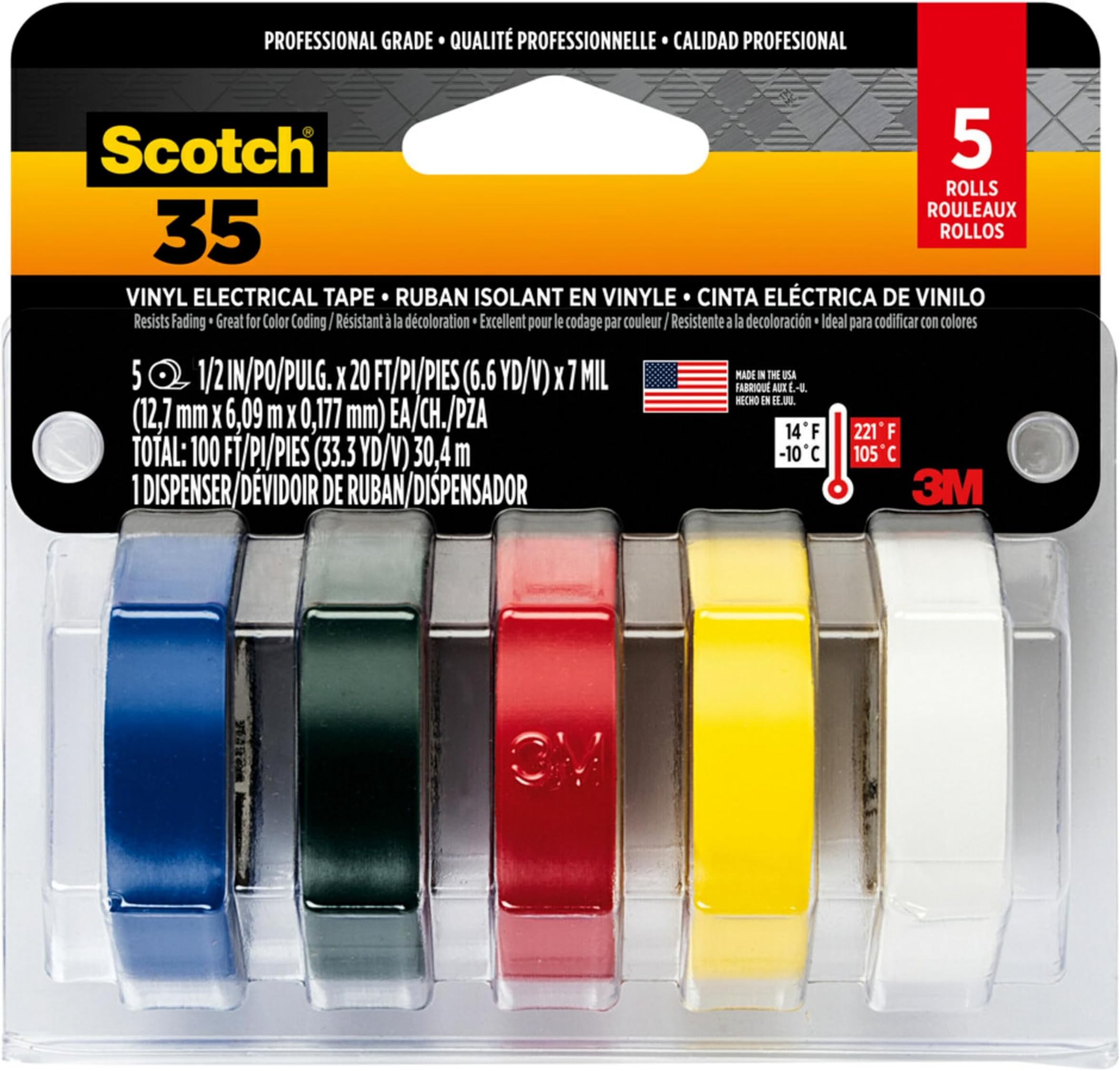 Amazon.com: Scotch Vinyl 35 Electrical Tape, 5 Rolls, Multi-Color Pack ...