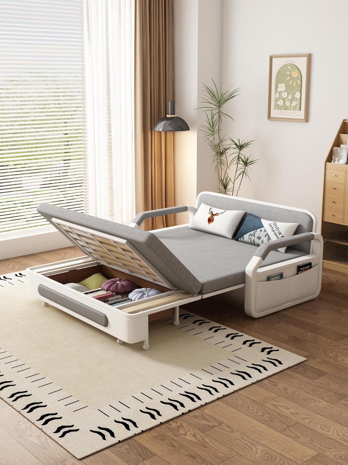 62.2 Inch Pull Out Sofa Bed, Grey Linen Blend, Convertible Futon Couch ...