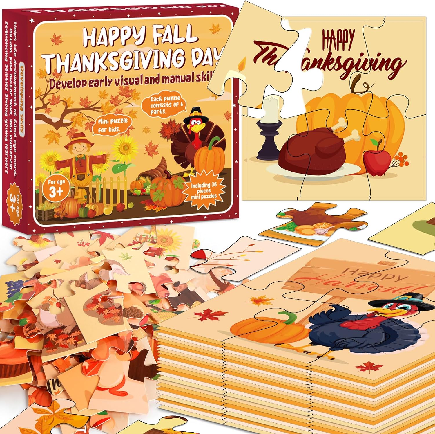 Amazon.com: 36PCS Thanksgiving Turkey Jigsaw Puzzles Happy Fall Pumpkin ...