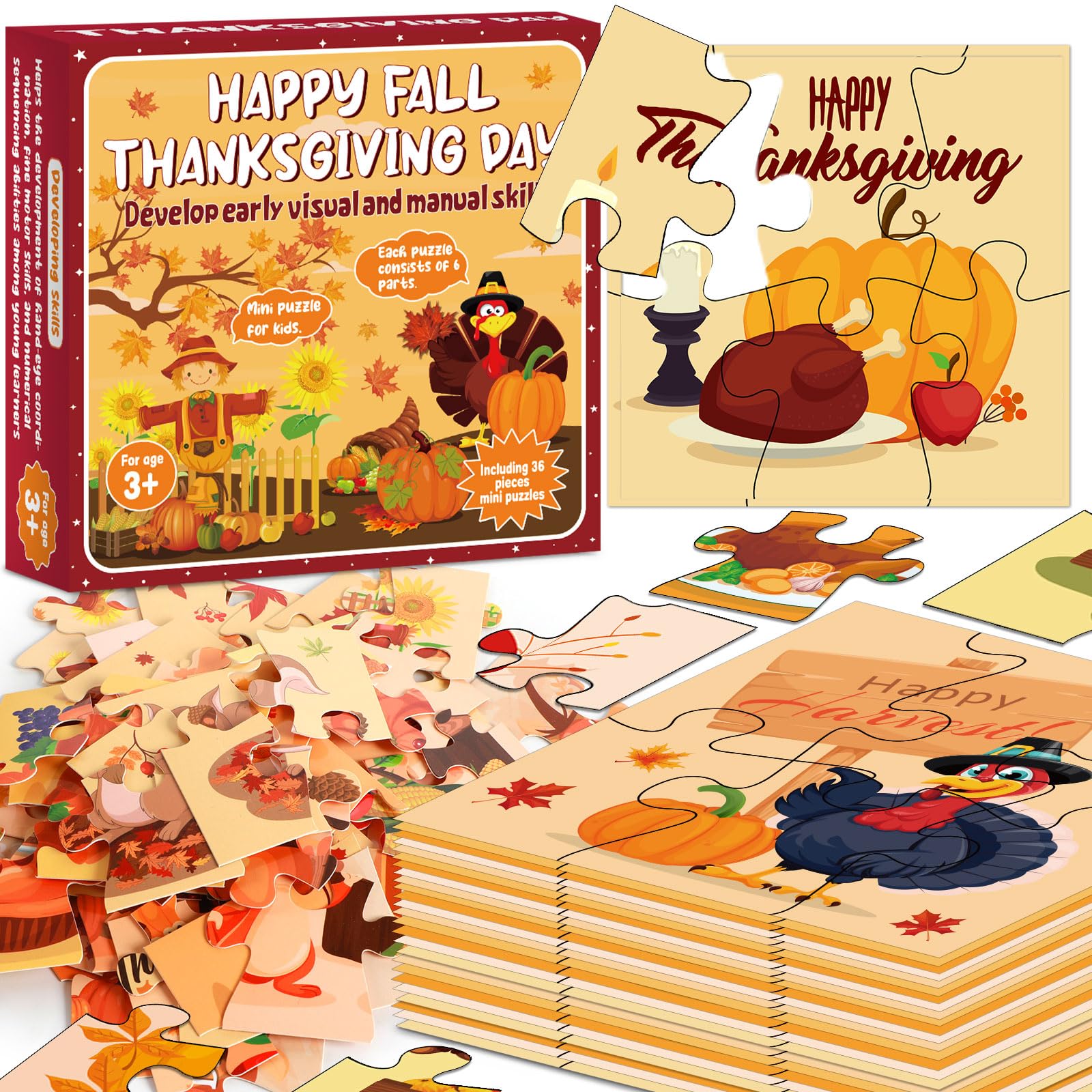 Amazon.com: 36PCS Thanksgiving Turkey Jigsaw Puzzles Happy Fall Pumpkin ...