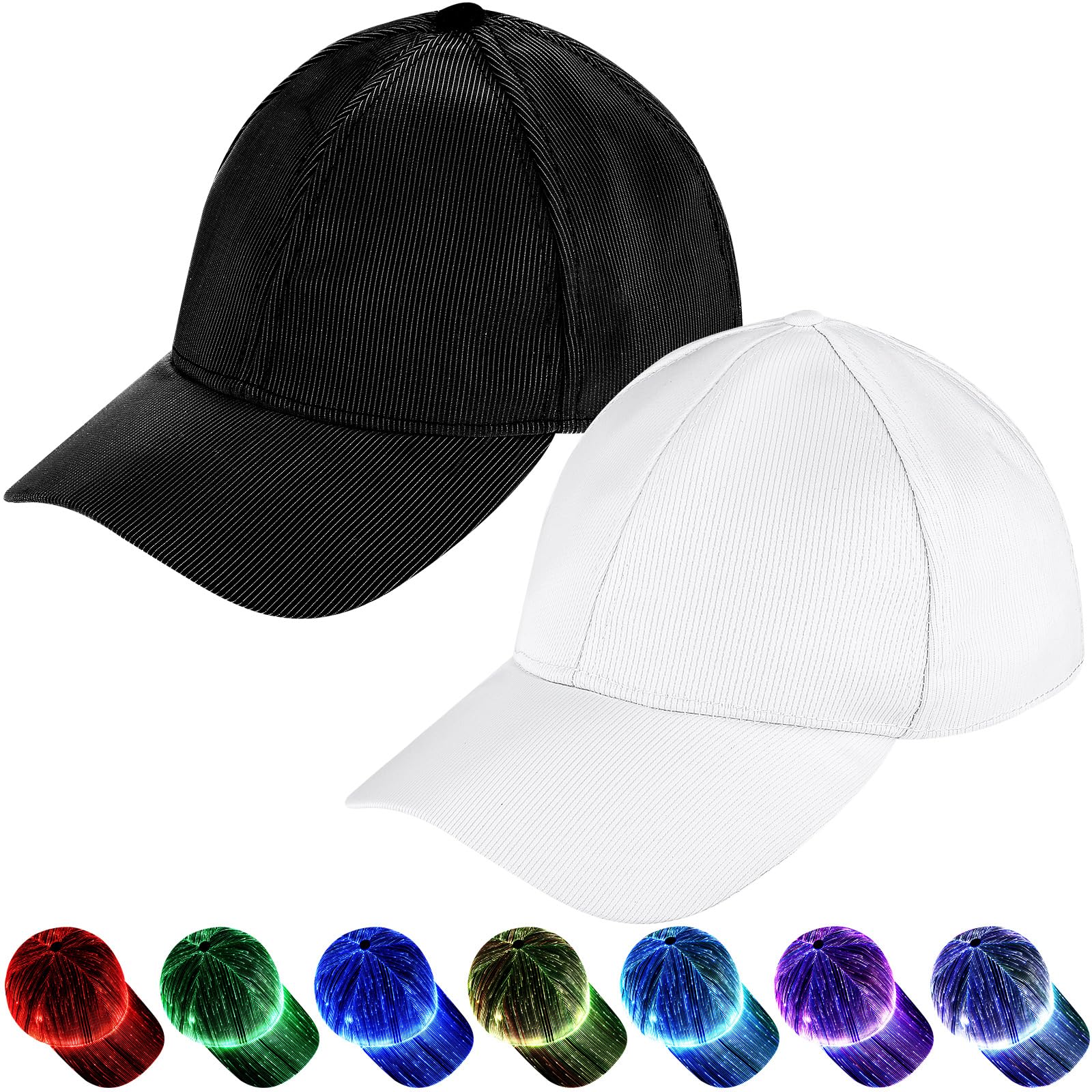 Ramede 2 Pcs LED Light up Hat, 7 Colors Fiber Optic Baseball Cap USB ...