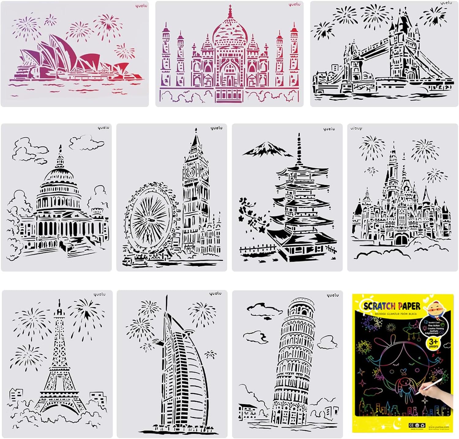 Amazon.com : 10 PCS Cityscape Drawing Stencils with 10PCS Colorful ...