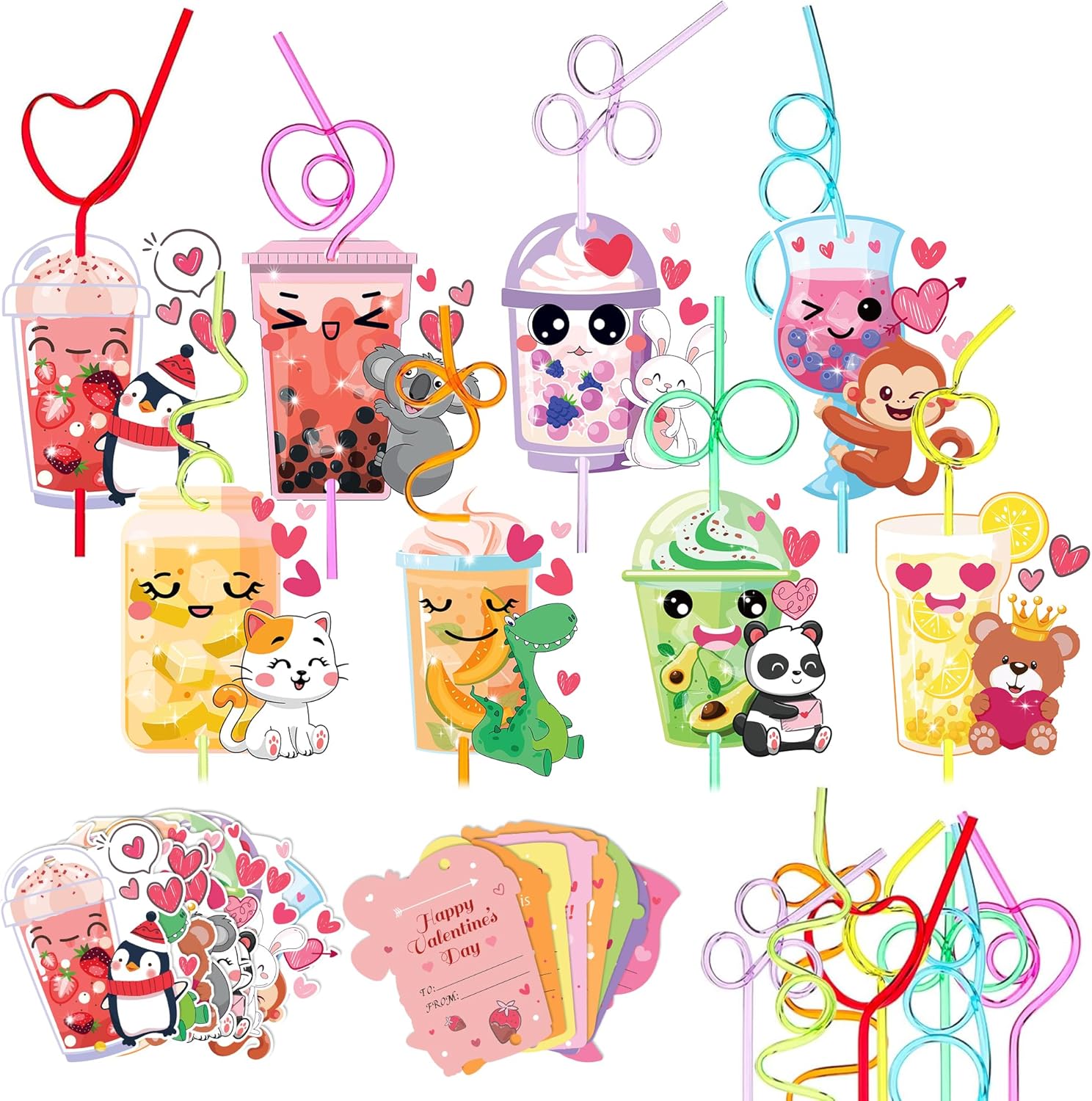 Amazon.com: 24 Pack Valentine's Day Cards for Kids with Crazy Straws, 8 ...