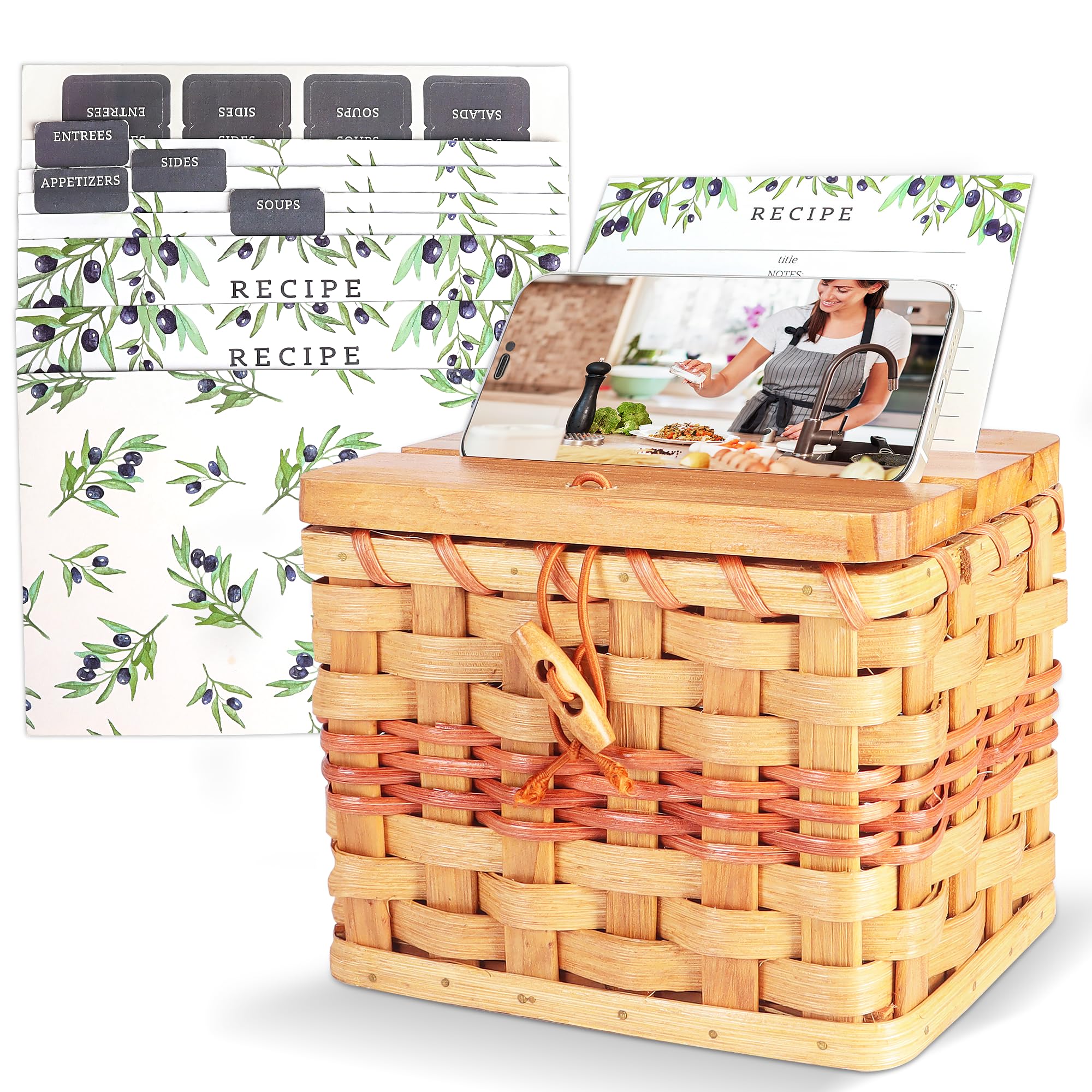 Amazon.com: Primo Lines Recipe Box, Bamboo Recipe Organizer with 2 ...