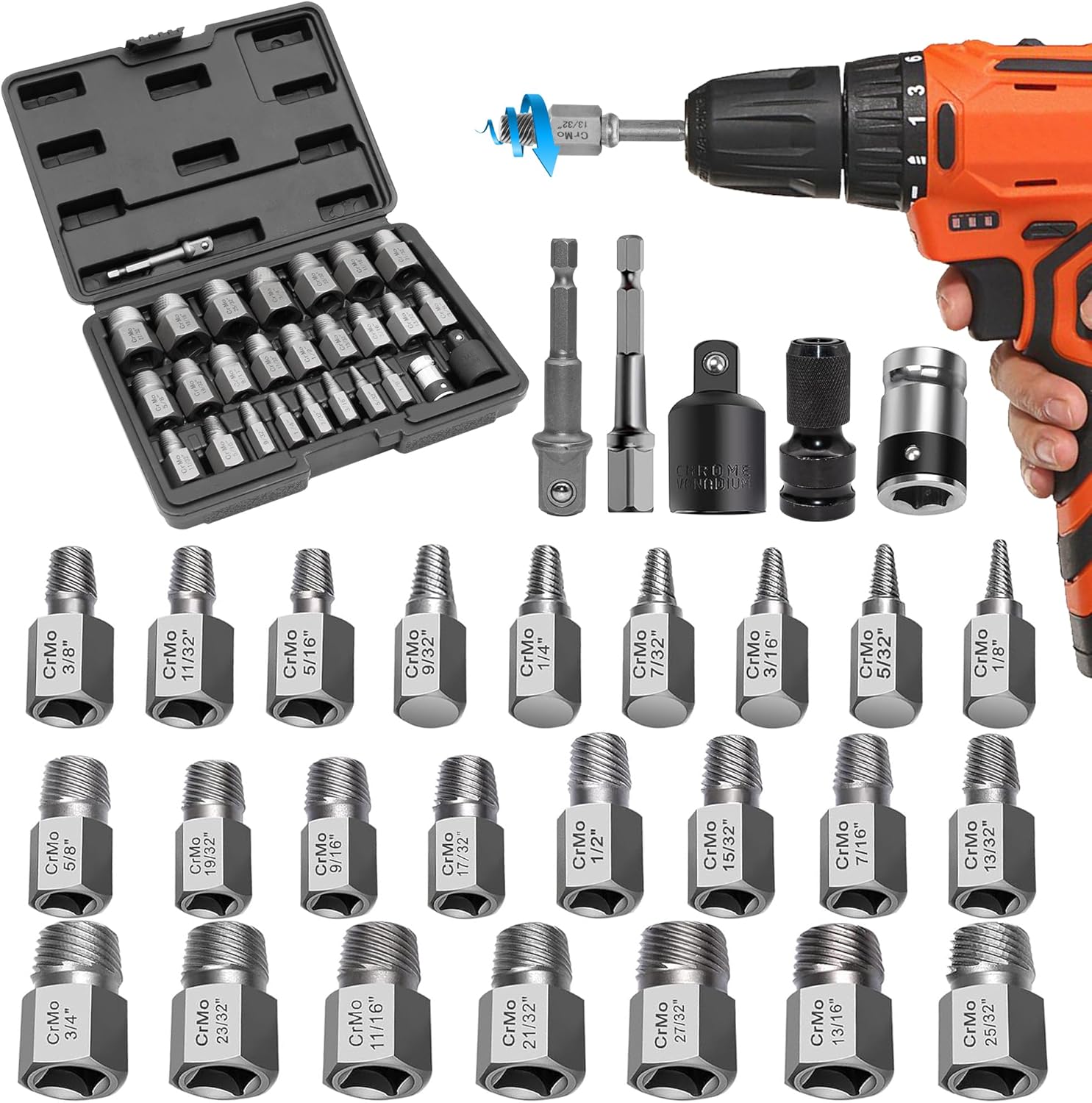 29 Piece Bolt Extractor Kit,Easy Out Stripped Screw Extractor Set For ...