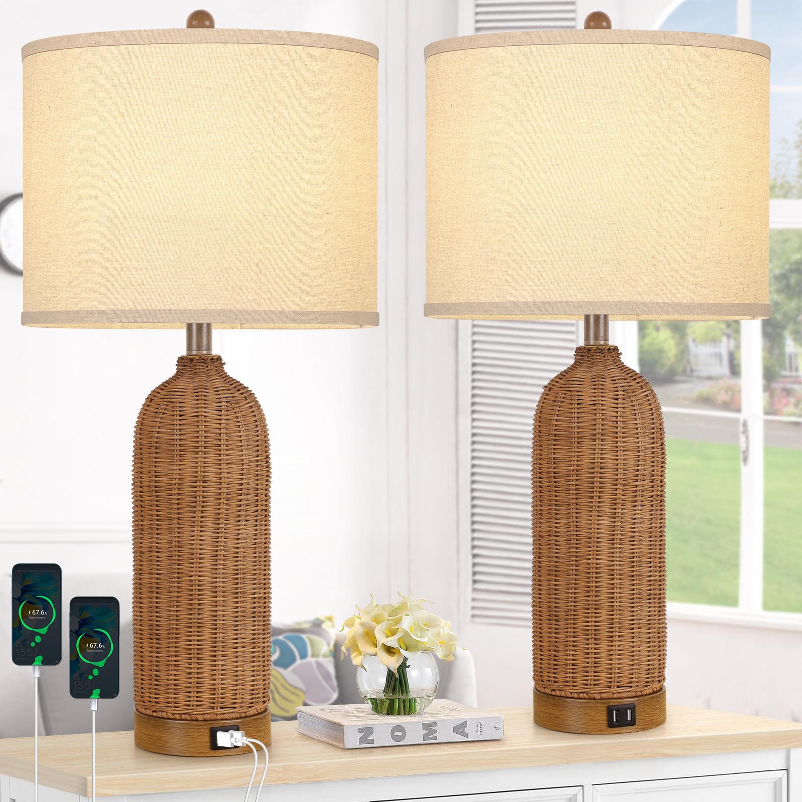 Set of 2 Rattan Table Lamps with 2 USB Ports, 29'' Tall Farmhouse Lamp ...