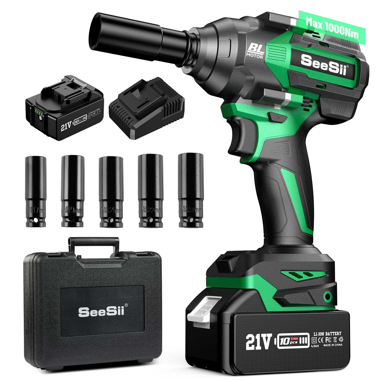 Seesii 1000Nm(738ft-lbs) High Torque Cordless Impact Wrench, 1/2 ...