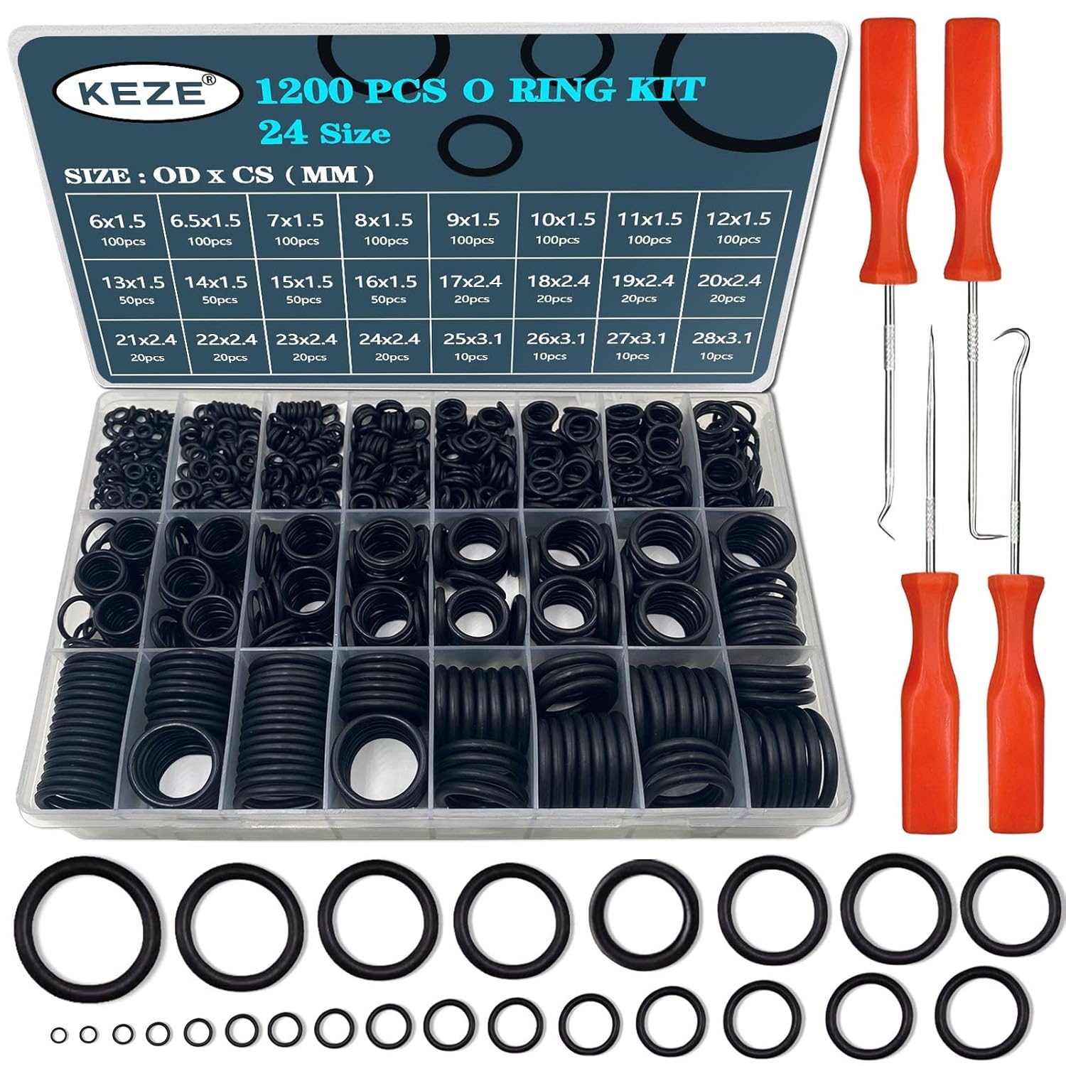 KEZE 1200 Pcs 24 Size Universal Rubber O-Ring Assortment Kit with 4 ...