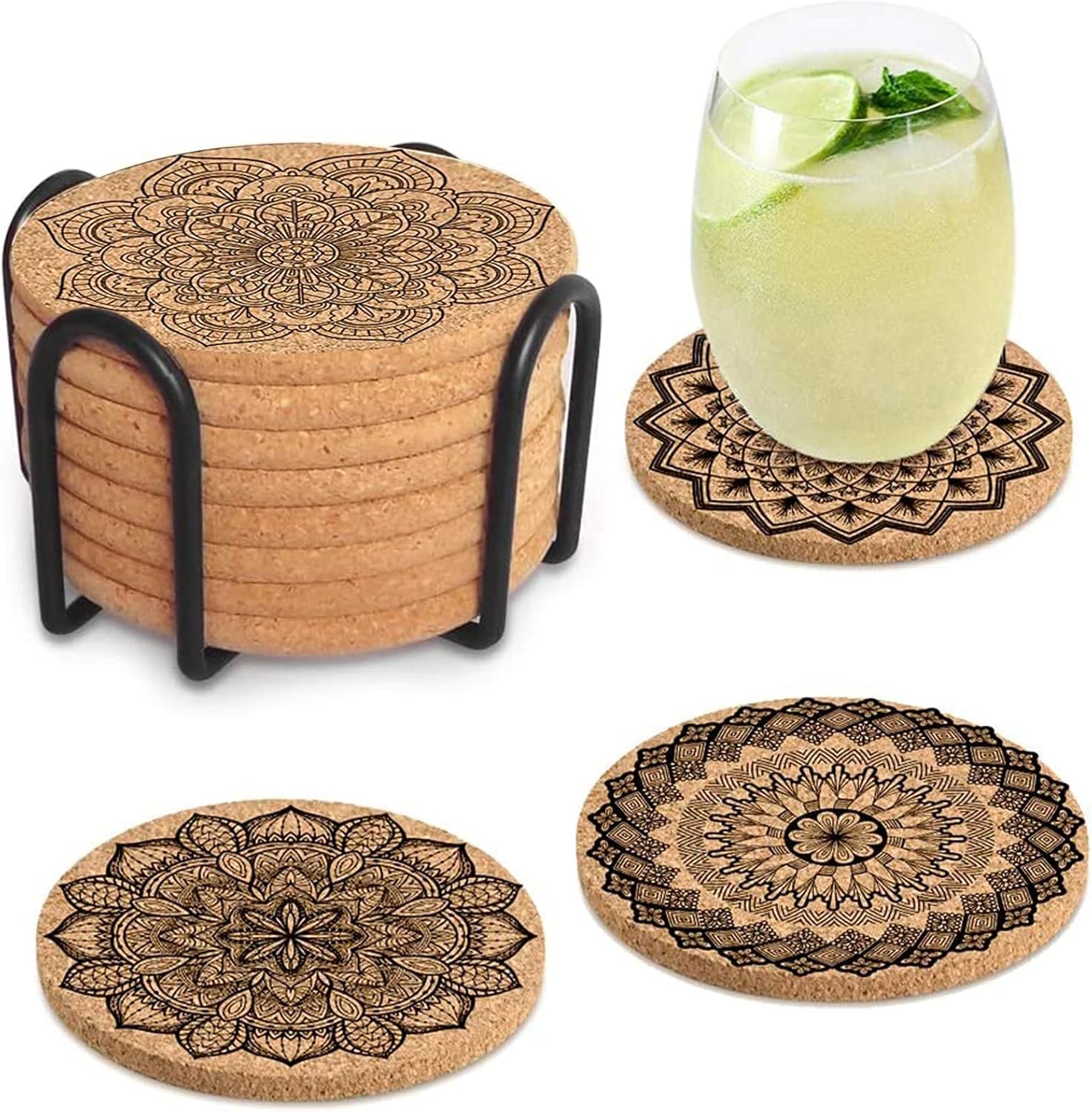 Cork Coasters, Pack of 8 Cork Coasters, Wooden Reusable Round Coasters ...