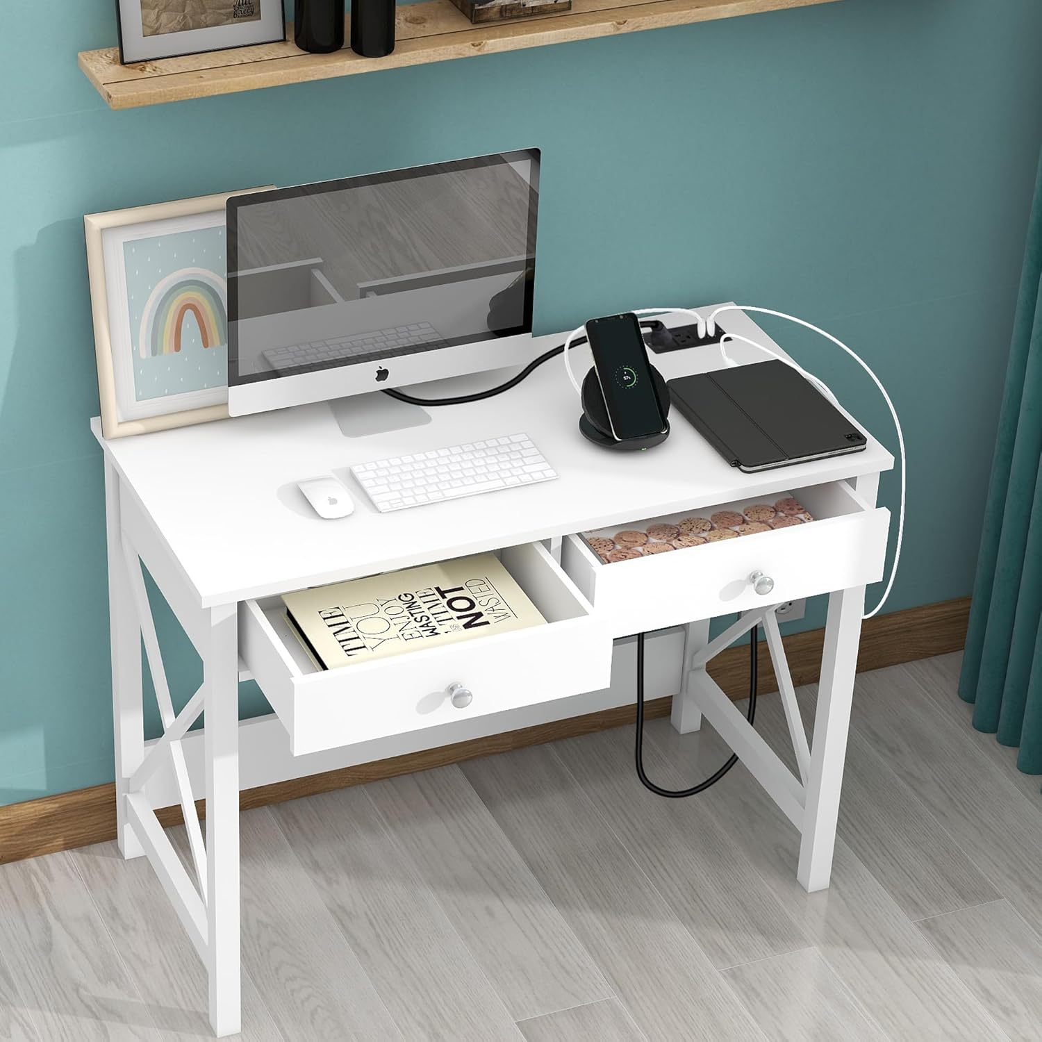 Amazon.com: TaoHFE White Office Desk with Outlet for Home 39 Inch ...