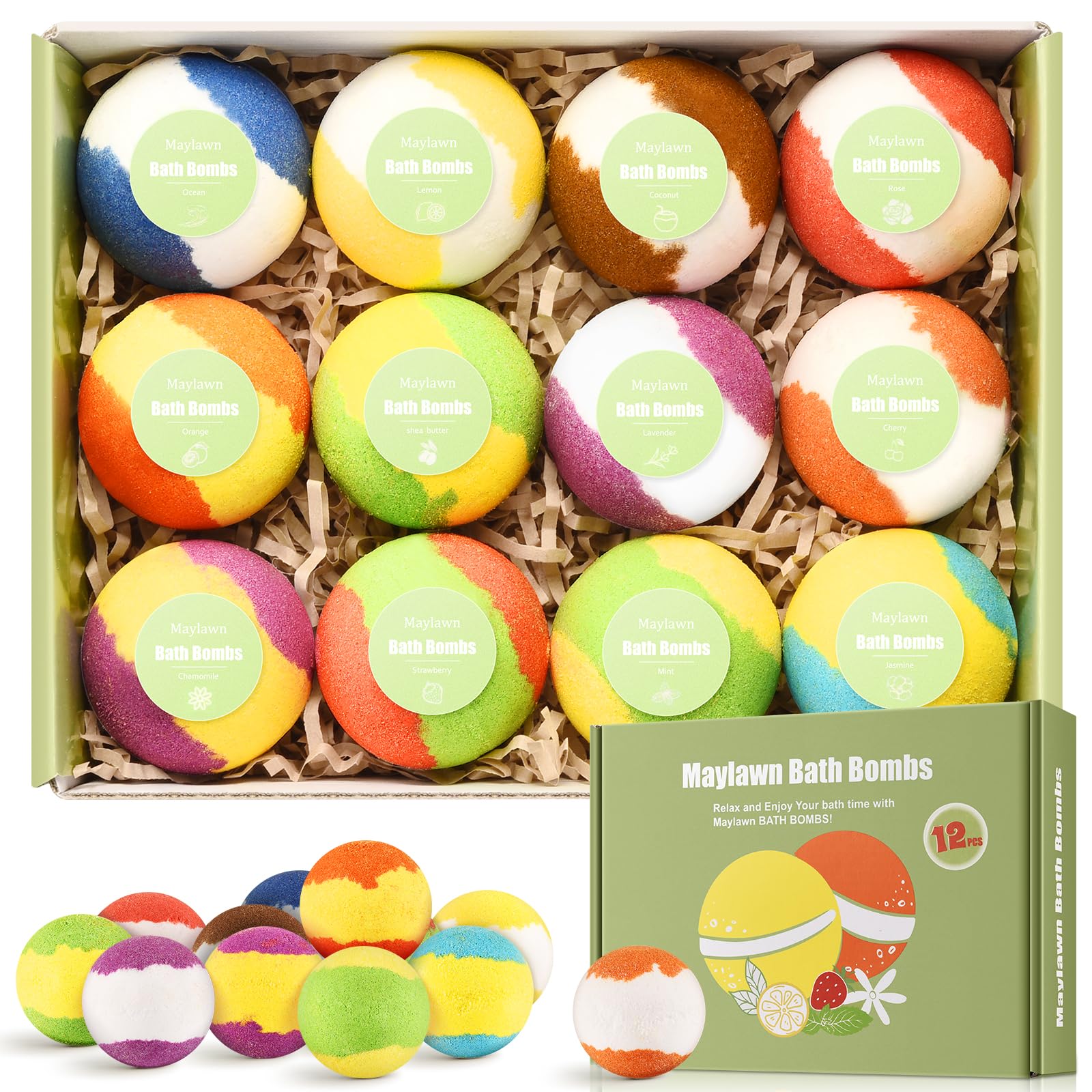 Maylawn Bath Bombs Gift Set, 12-Pieces Handmade Fizzy Bubble Bath Bombs ...