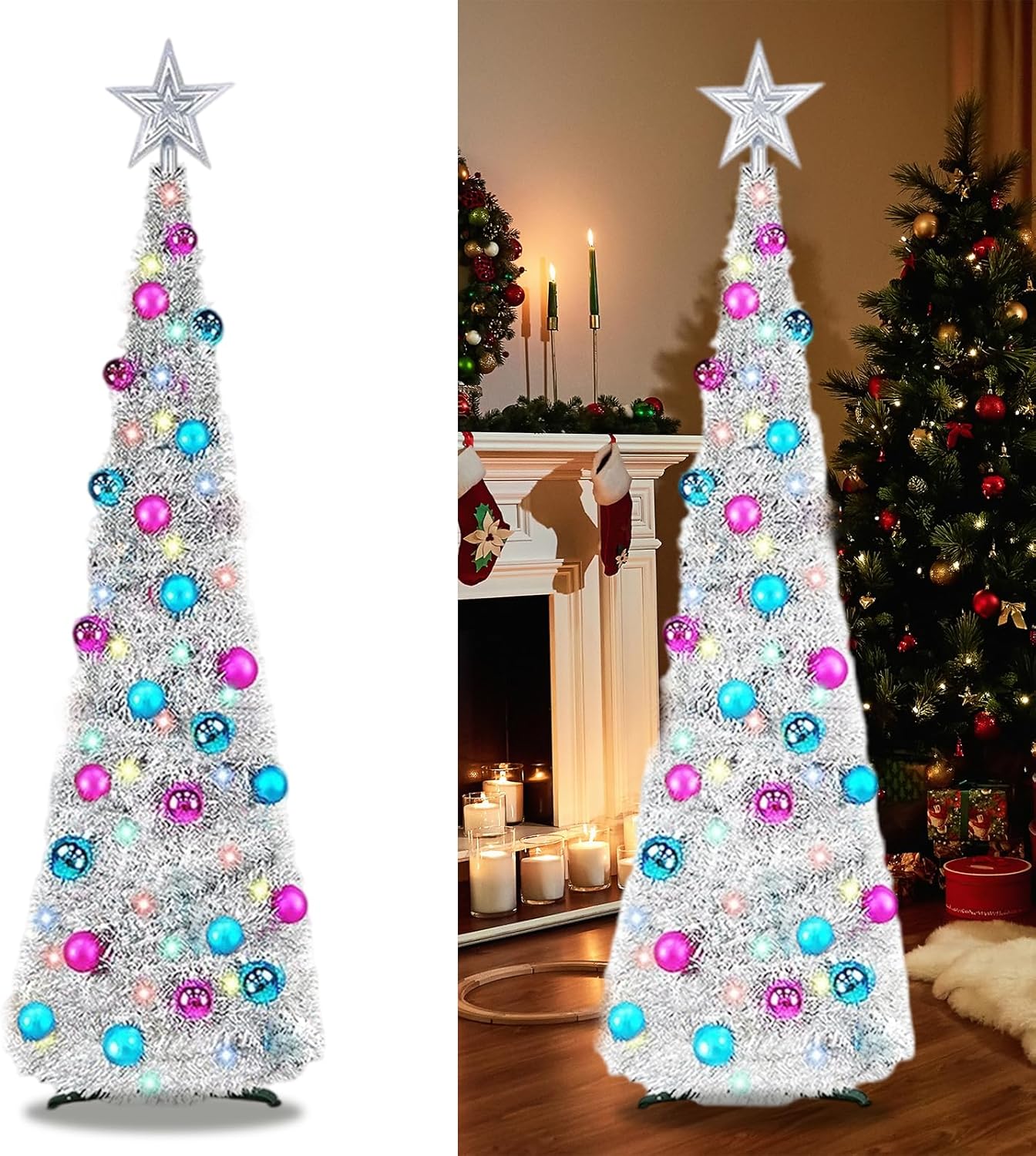 Artificial Collapsible Tinsel Christmas Trees with Lights and 30 Colour ...