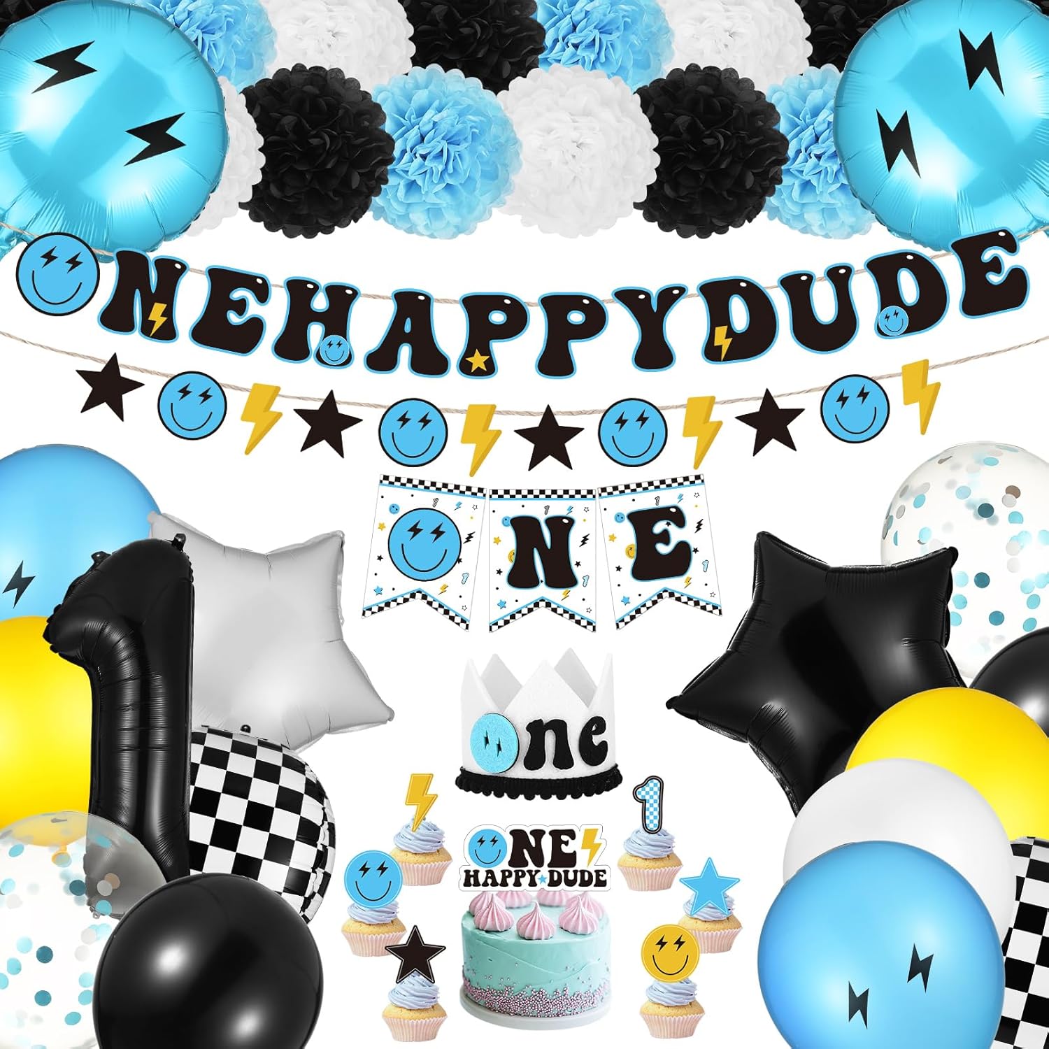 Amazon.com: Lunmon 55 Pcs One Happy Dude 1st Birthday Decorations Blue ...