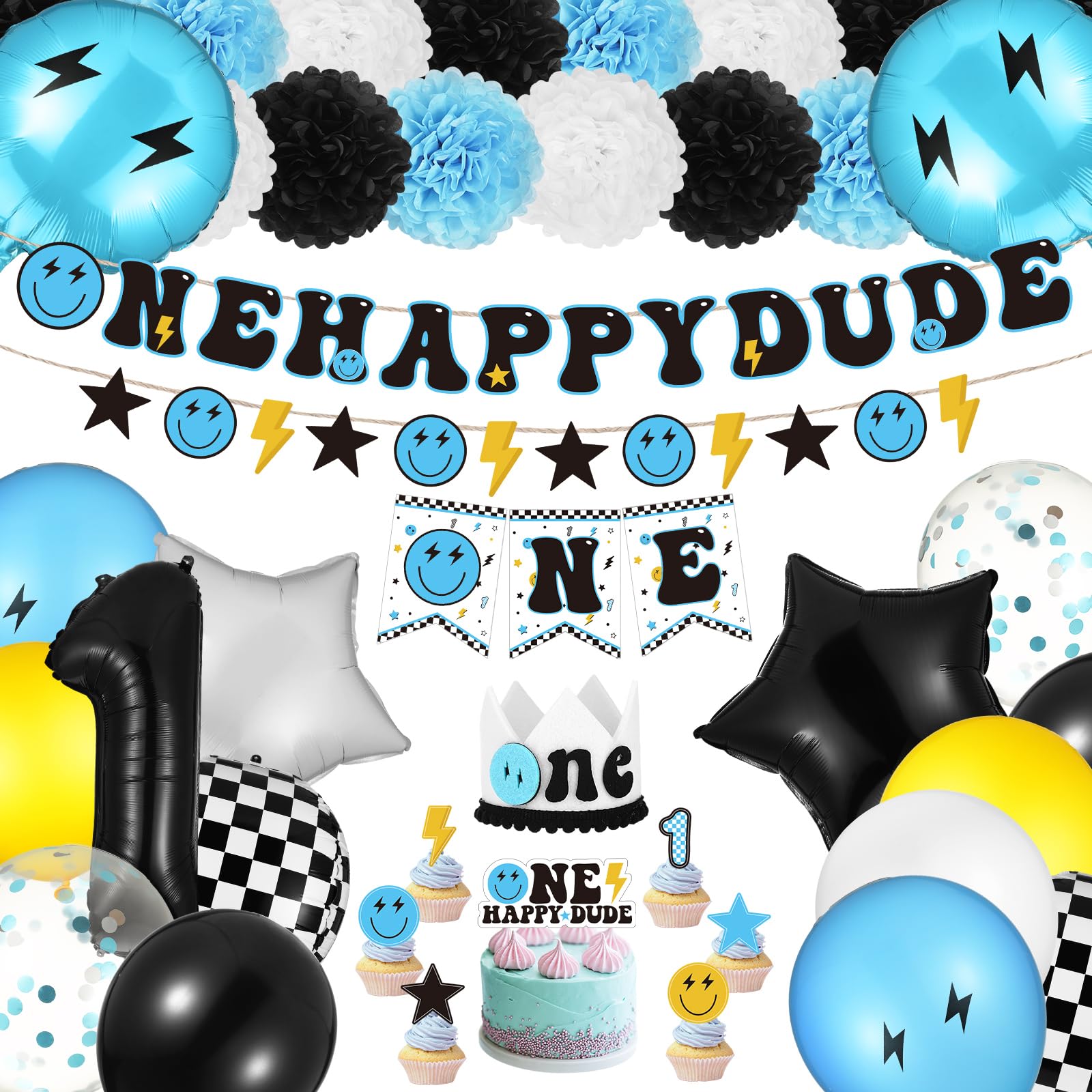 Amazon.com: Lunmon 55 Pcs One Happy Dude 1st Birthday Decorations Blue ...