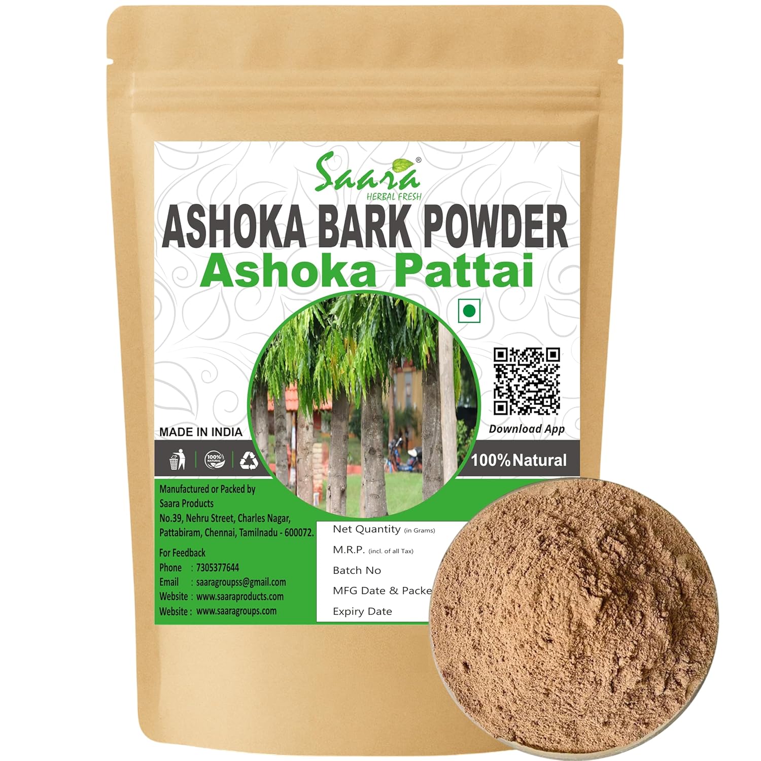 Saara HERBAL FRESH Ashoka Bark Powder, 100g, Ashoka Pattai Powder ...