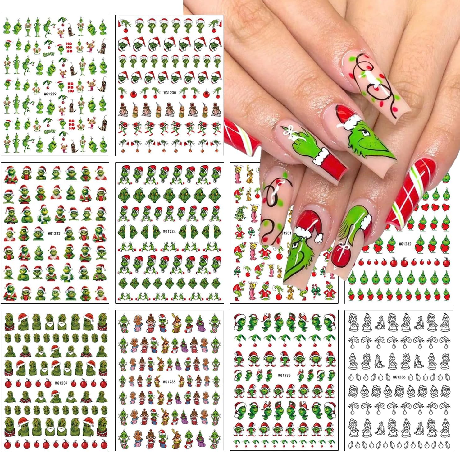 Amazon.com: 10Sheets Christmas Nail Art Stickers Cute Green Monster ...