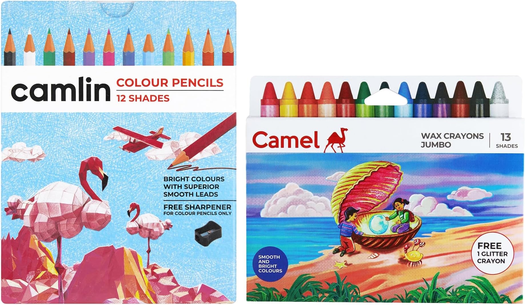 Camel Wax Crayons + 1 Glitter Shade Free - 12 Shades Camlin Kokuyo Half ...