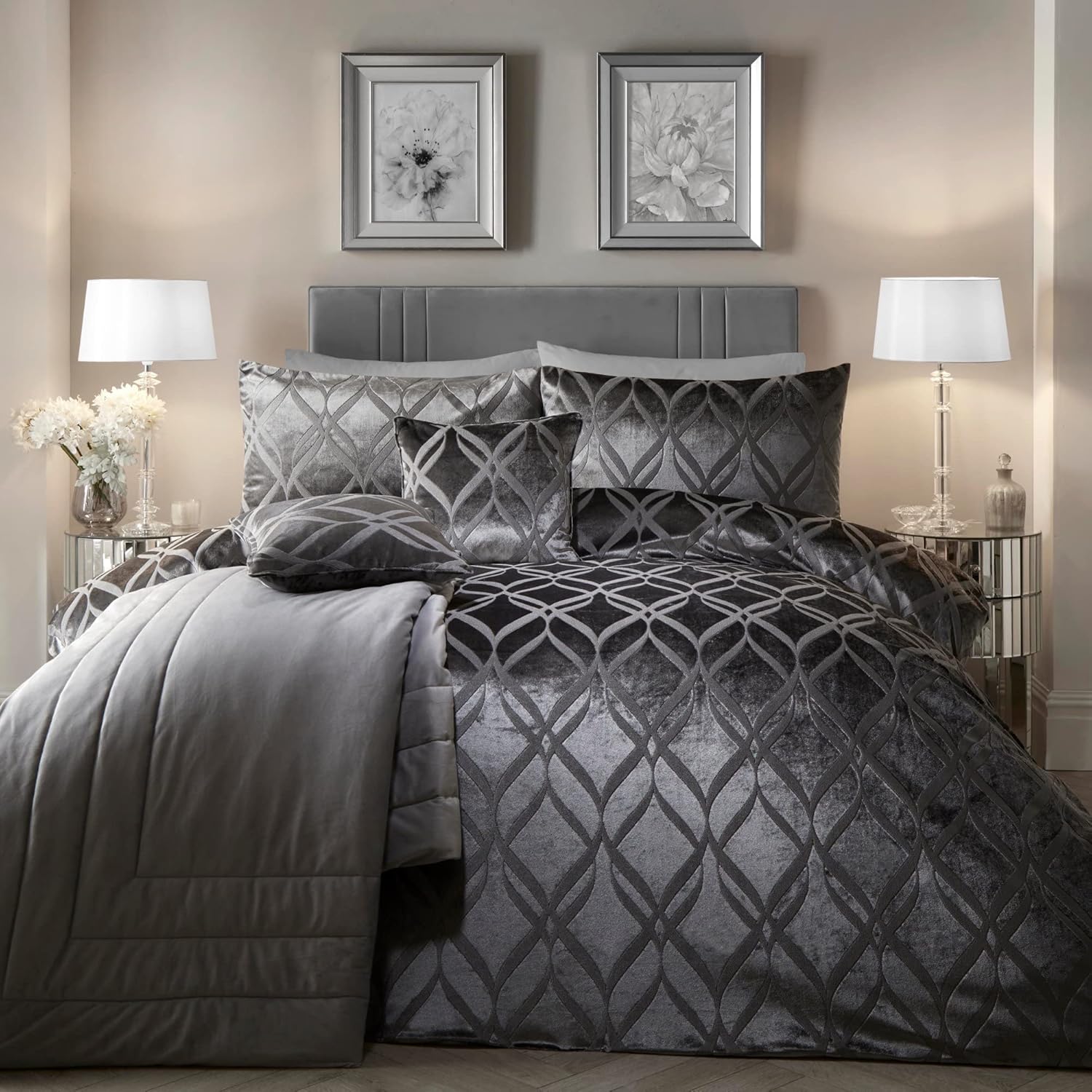 SOIREE Ogee Velvet Duvet Cover Set – Slate Grey – Double Size (200 x ...