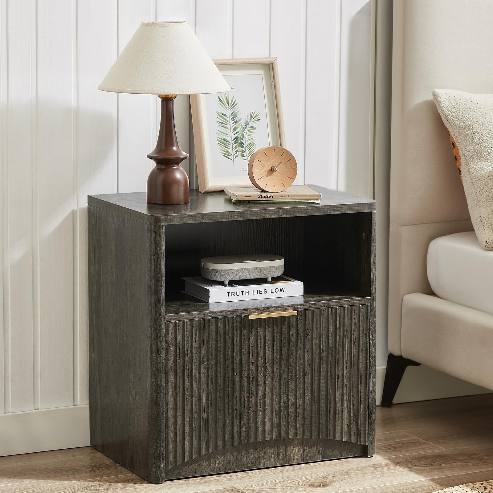 Snapklik.com : Evermagin Fluted Nightstand, Dark Grey Bedside Table