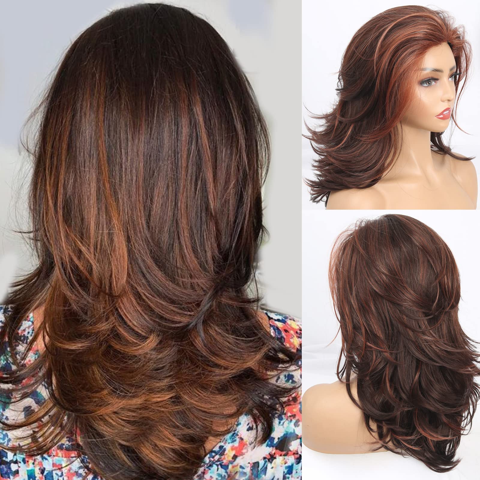 Amazon.com : LEOSA Long Layered Wigs for Women Brown Layered Wig for ...
