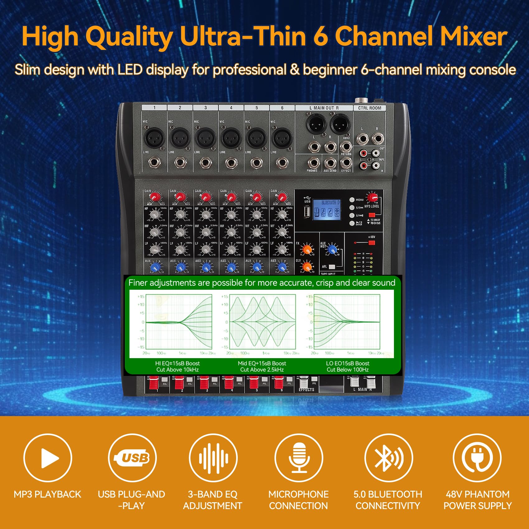 6 Channel Audio Mixer, Console with Bluetooth USB, DJ Mixer for PC ...