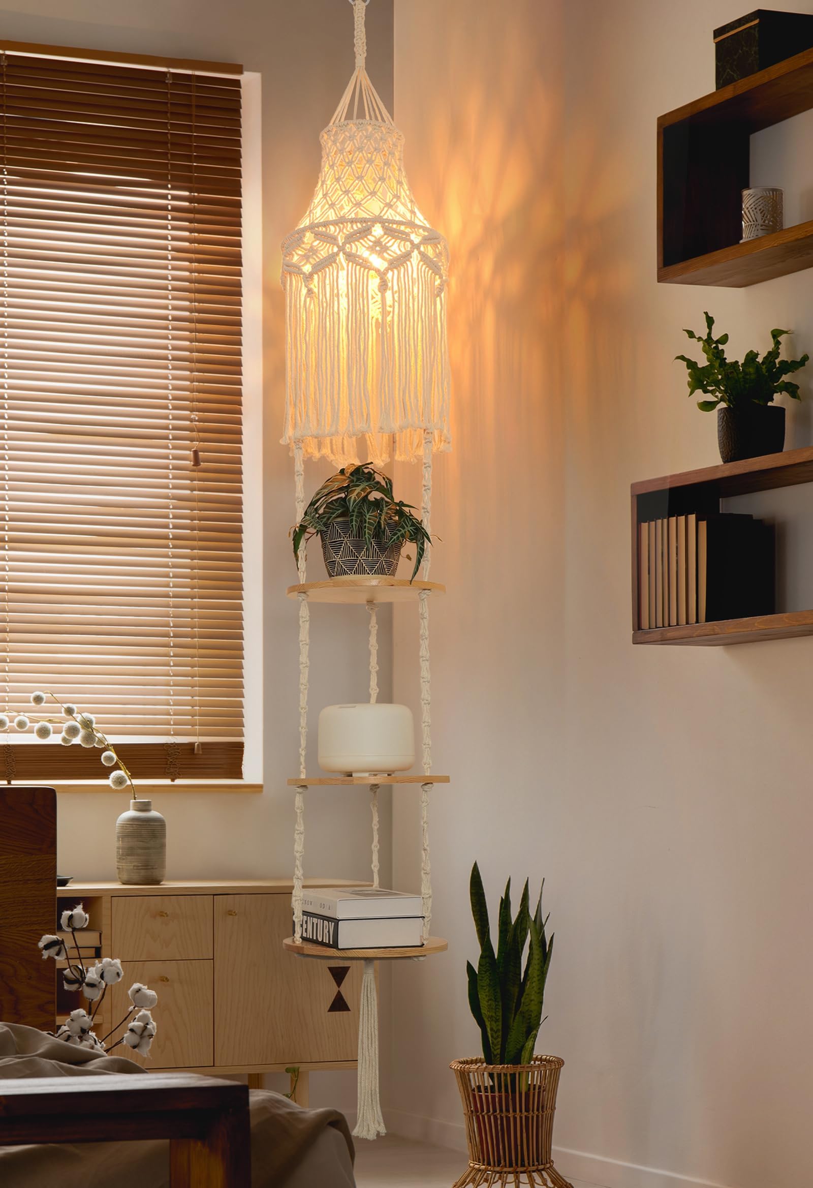 ANROYE 3-Tier Macrame Hanging Lamp Shelf, Boho Woven Corner Pendant ...