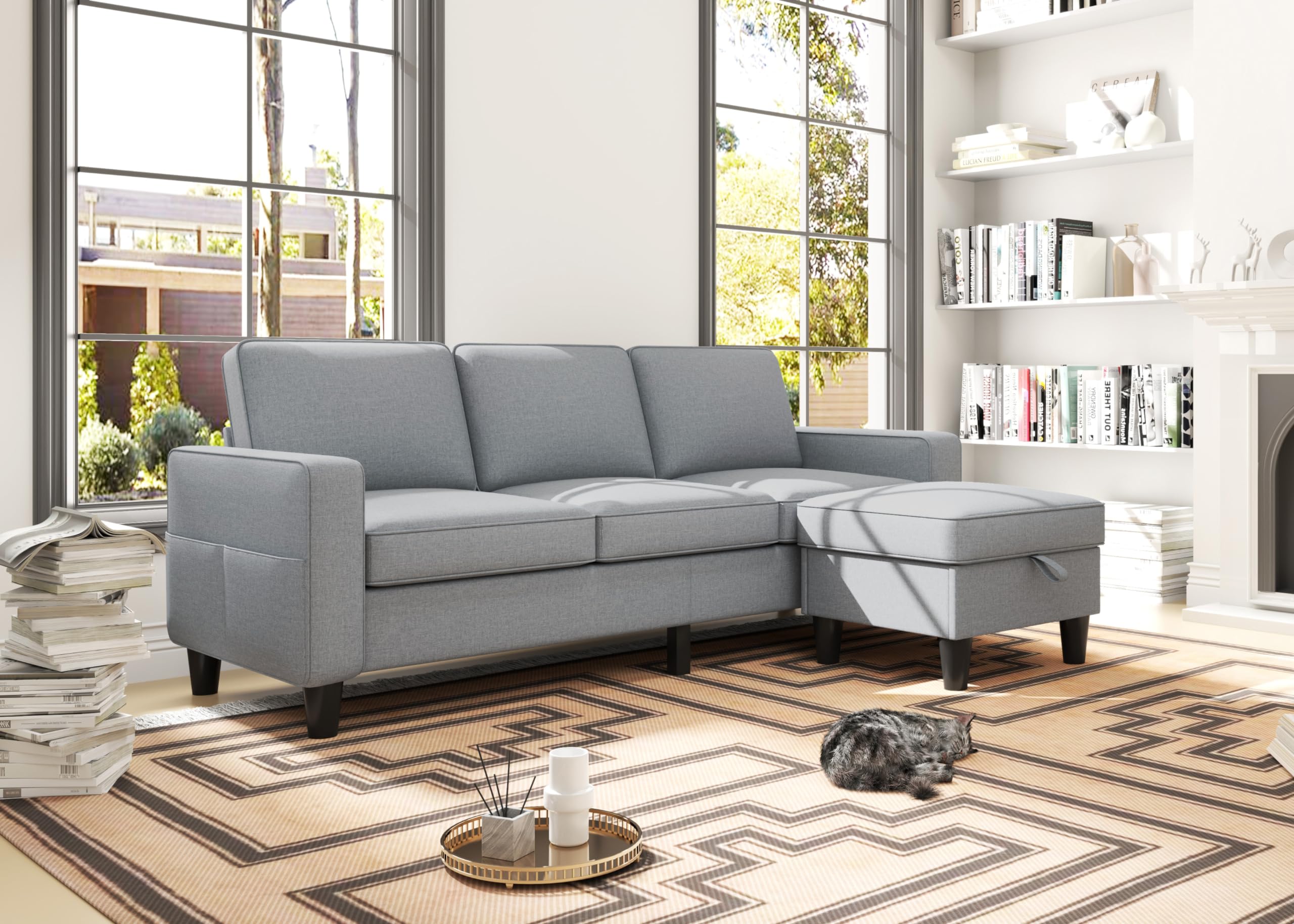 Convertible Sectional Sofa Couch,Modern Light Grey Linen 3 Seat L-Shaped Sectional Sofa Couch ...