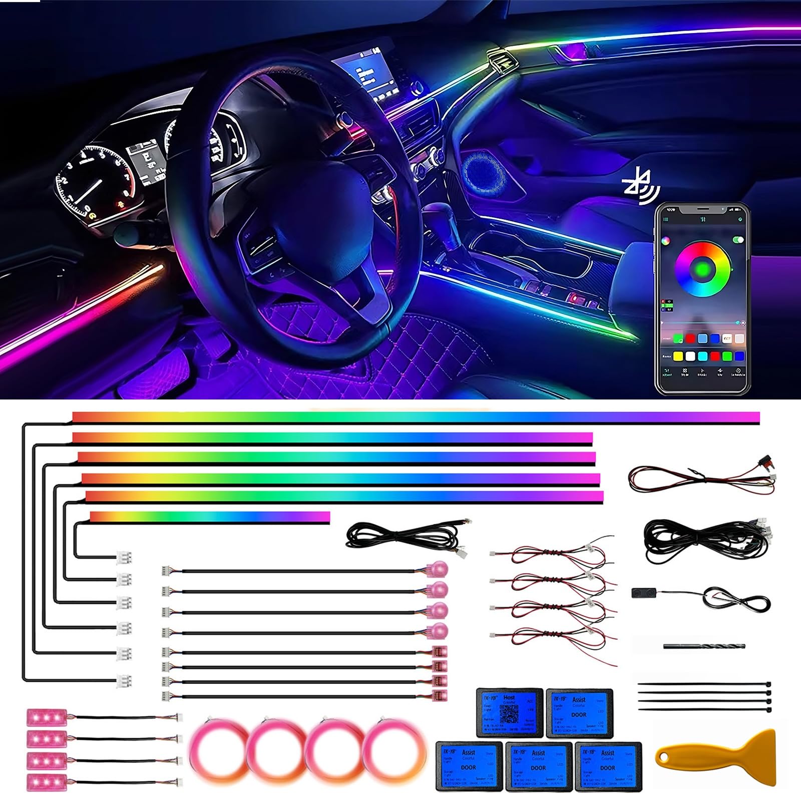 Snapklik.com : Acrylic Interior Car LED Strip Lights, Colorful 22-in-1 ...