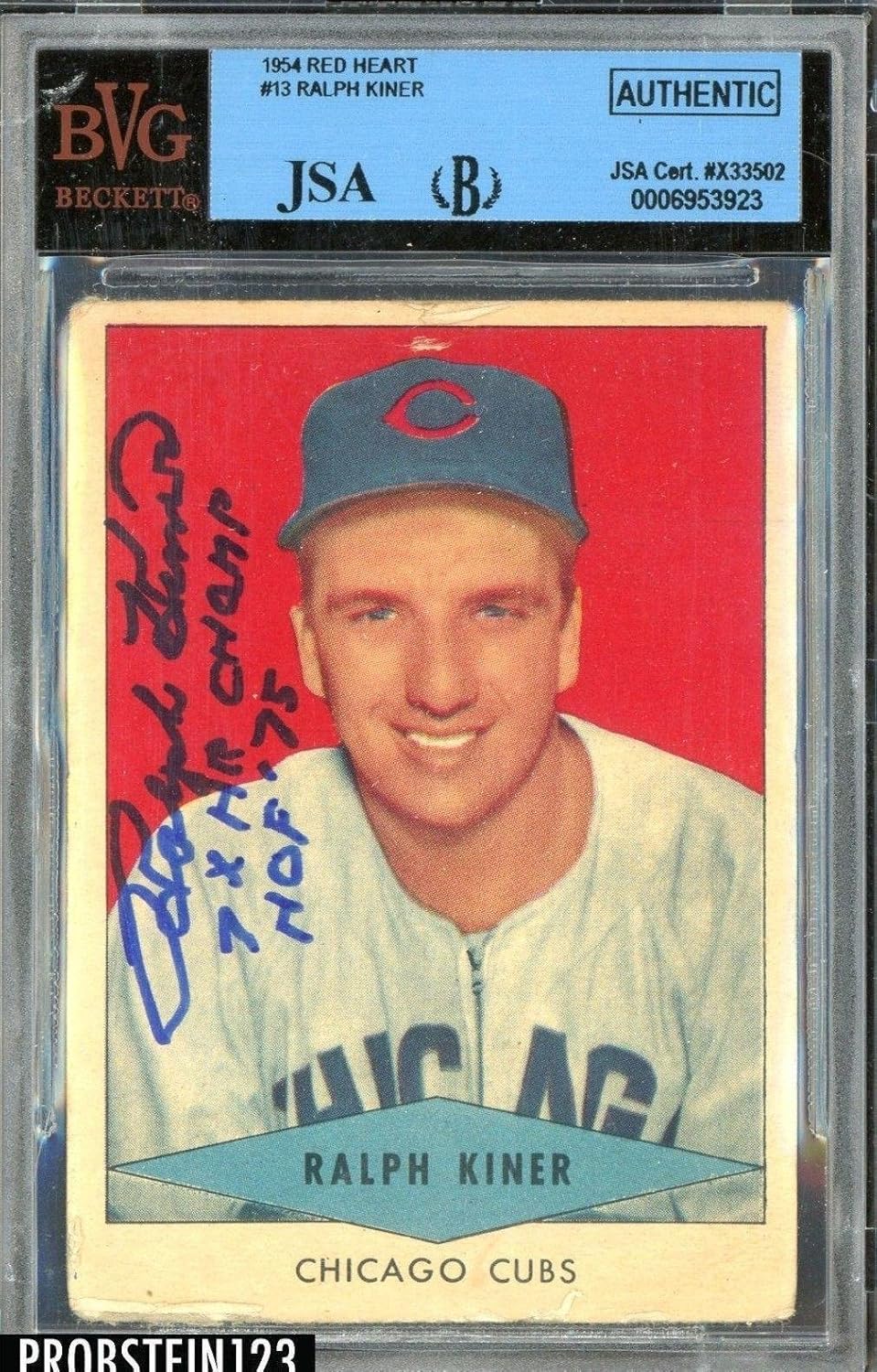 1954 Red Heart #13 Ralph Kiner Cubs HOF Signed AUTO BGS - JSA Certified ...
