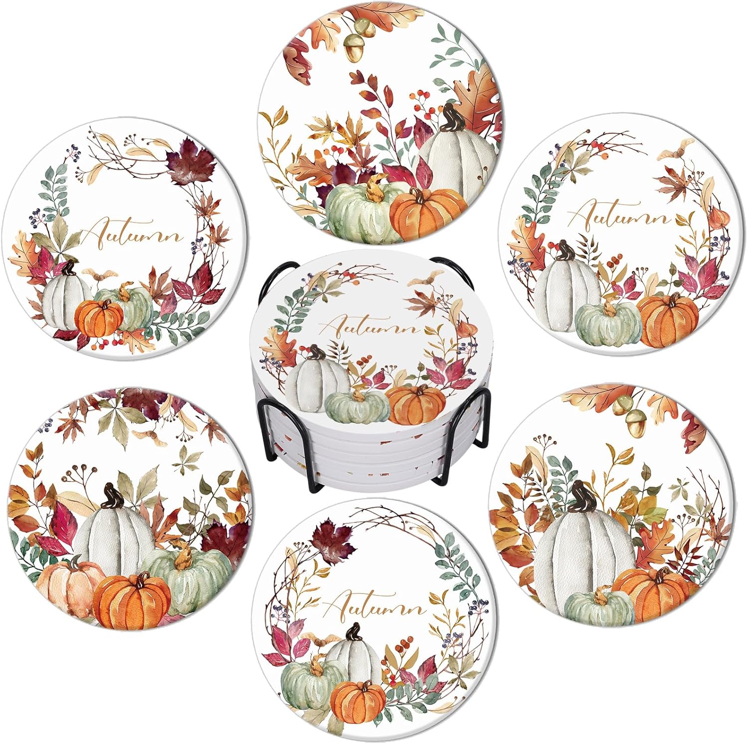 JarThenaAMCS 6Pcs Fall Coasters with Holder Watercolor Autumn Pumpkin ...