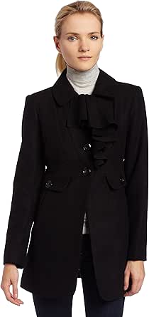 Amazon.com: Mac & Jac Women's Ruffle Front Melton Coat, Black ...