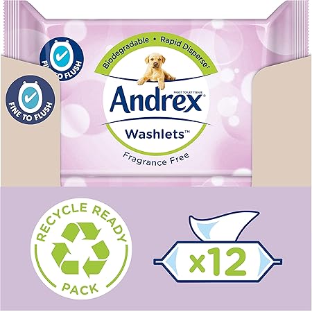 Andrex Washlets Flushable Toilet Wipes - 12 Moist Toilet Tissue Pack ...