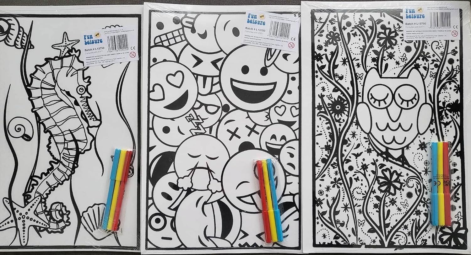 3 x Large Velvet Colouring Picture Art Set with Felt Tip Pens : Amazon ...