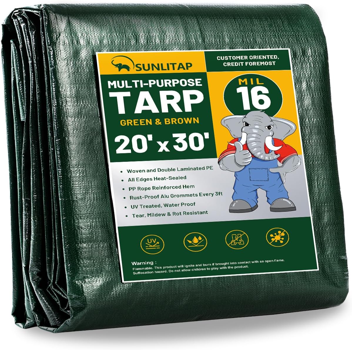 SUNLITAP 16 Mil Heavy Duty Waterproof Tarps, 20x30 Ft Finished Size ...
