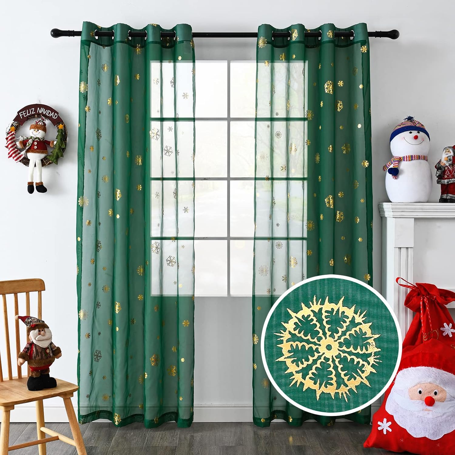 Amazon.com: Youleyar Snowflake Christmas Sheer Curtains, Luxury Gold ...